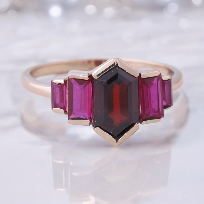 Garnet engagement ring Hexagon vintage 14k solid gold Ring unique ...
