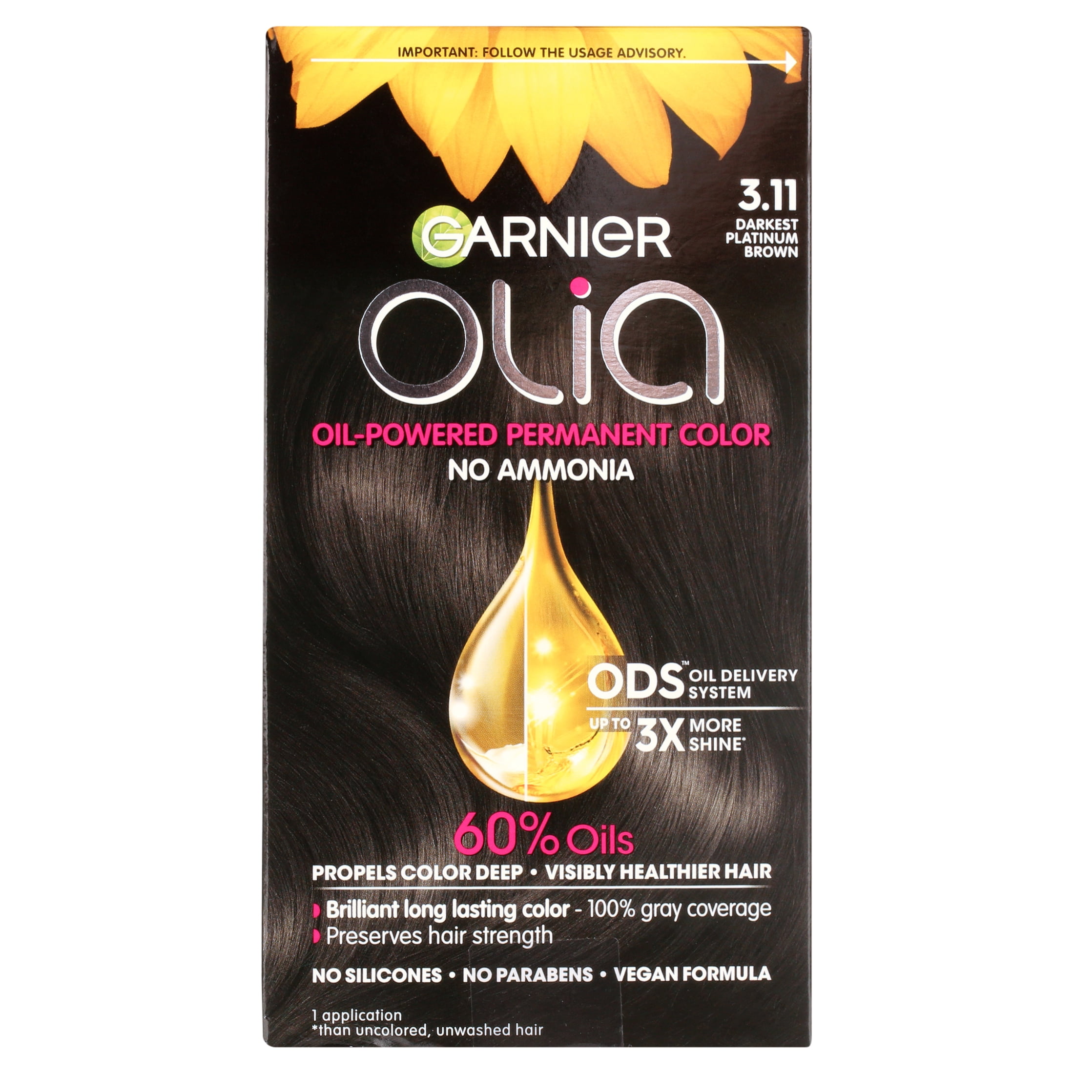 Garnier Olia Oil Powered Permanent Hair Color, 3.11 Darkest Platinum ...