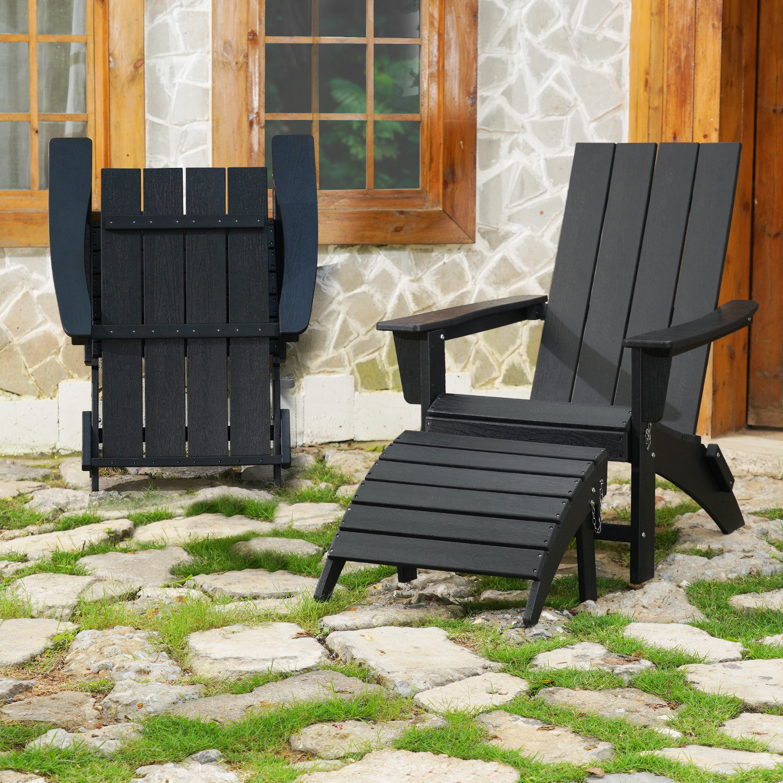 Garpans Folding Adirondack Chair with Ottoman HDPE All Weather Outdoor ...