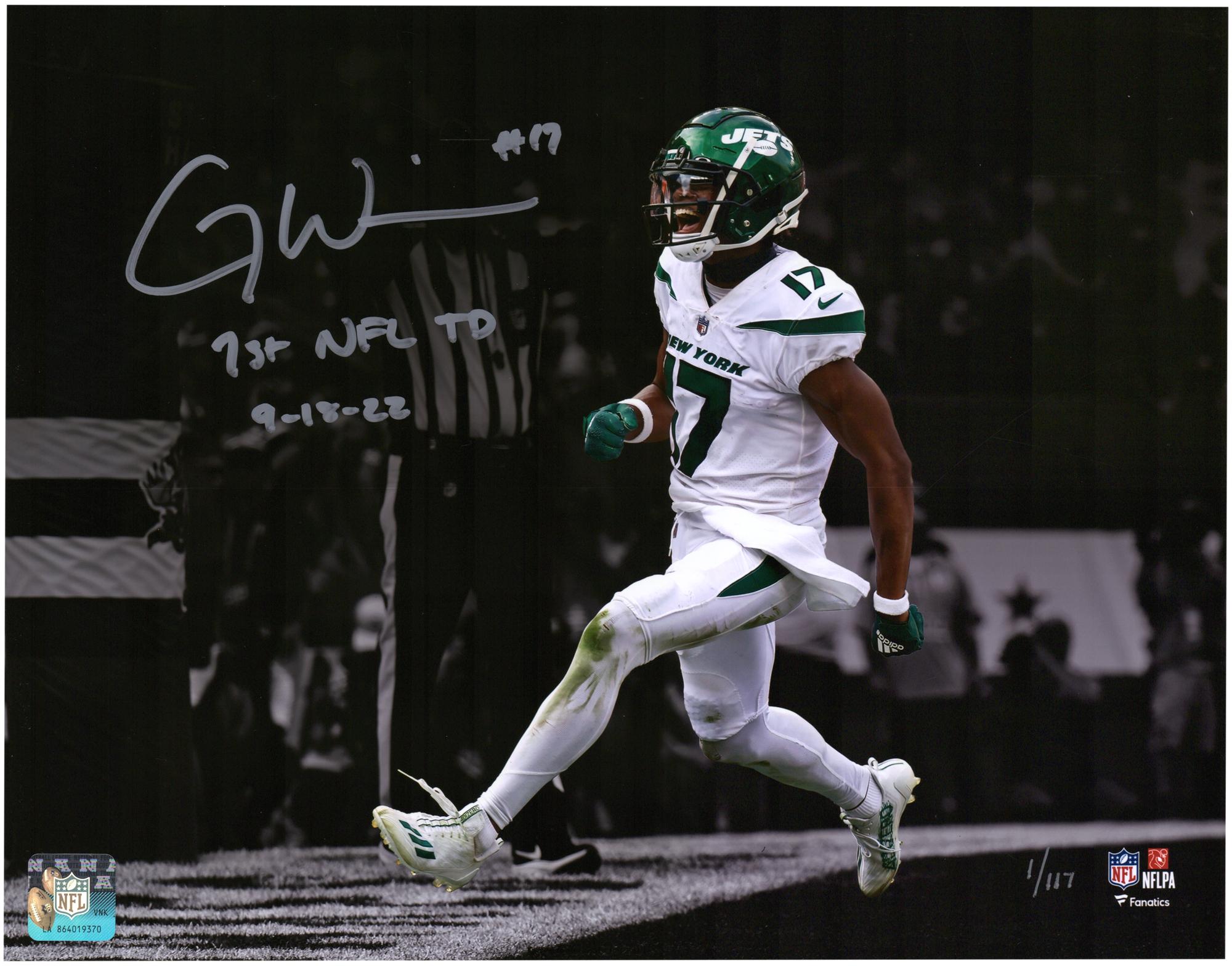 Garrett Wilson New York Jets Autographed 11" x 14" Spotlight Photograph with "1ST NFL TD 9-18-22 ...