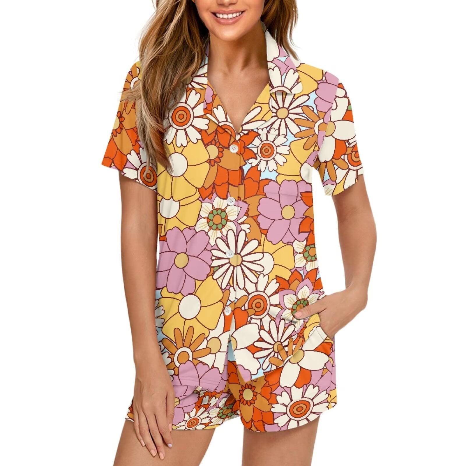 Garronmavis Abstract Hippie Flower Womens Summer Pjs Set Comfy ...