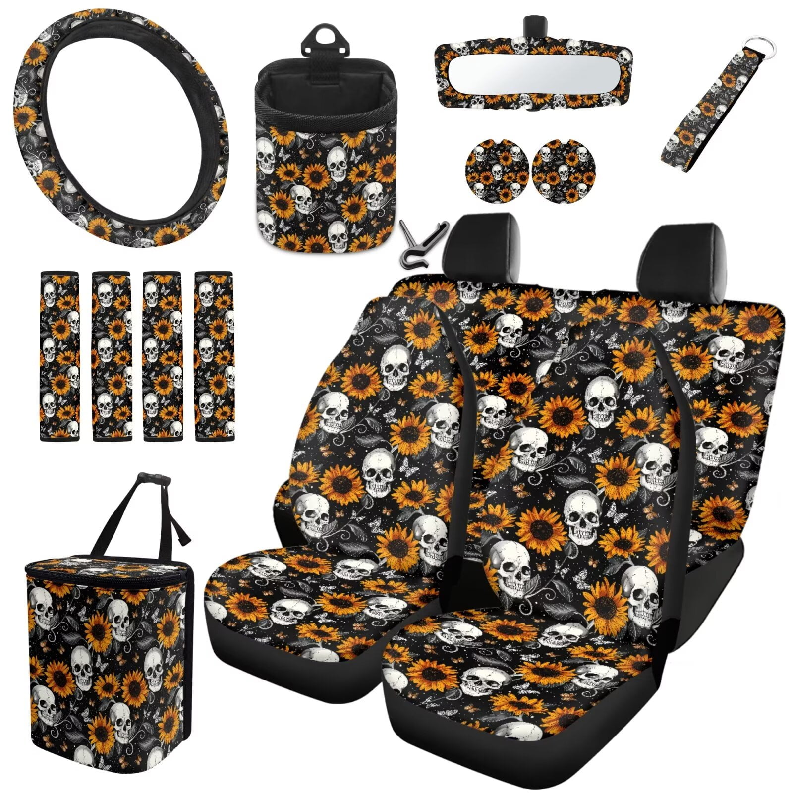 Garronmavis Automotive Interior Accessories Sets 15pcs Sunflower Skull ...