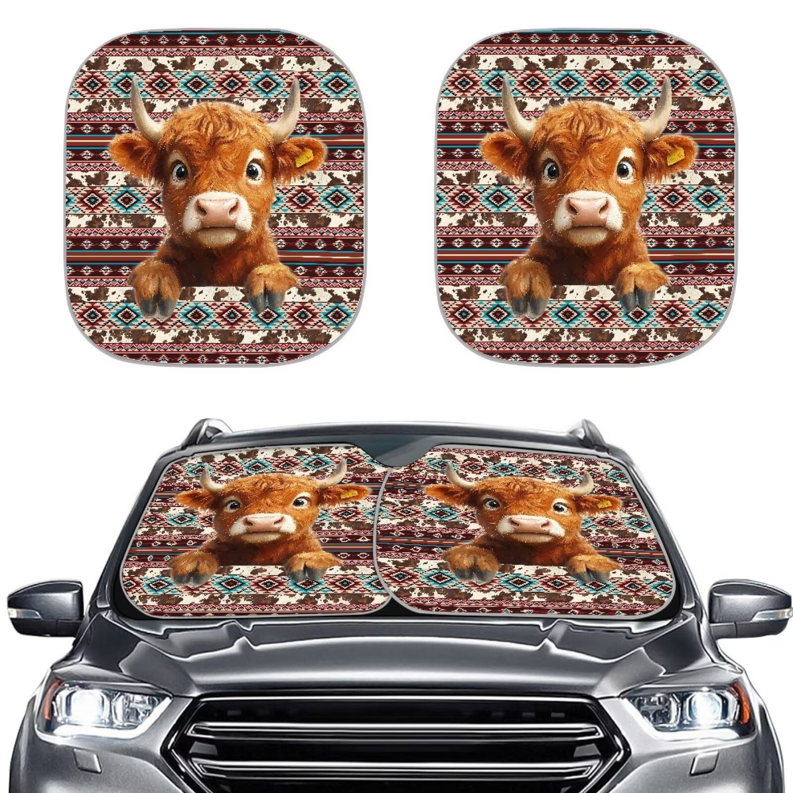 Garronmavis Aztec Cute Highland Cow Car Sun Shade Windshield 2pcs/set ...