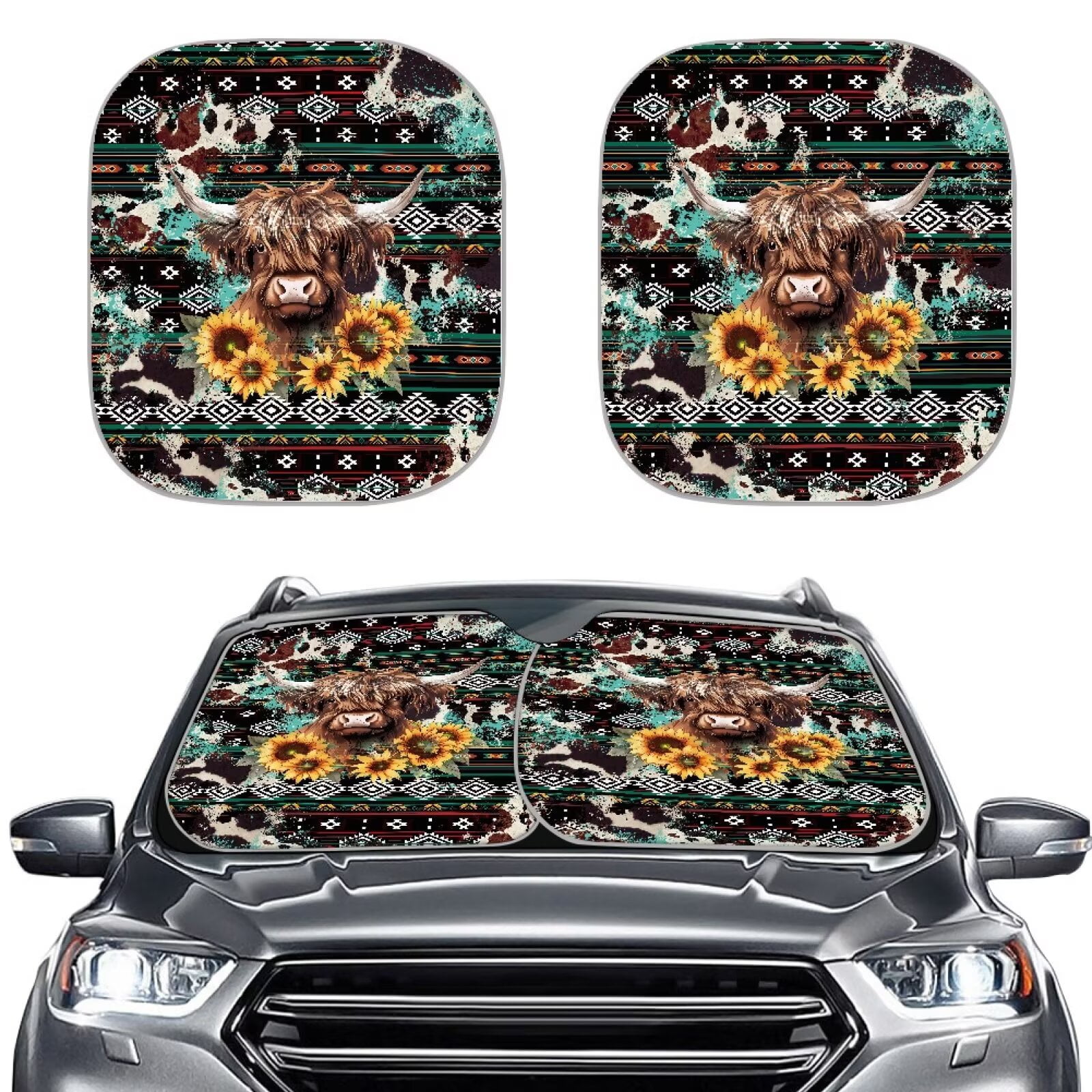 Garronmavis Aztec Highland Cow Car Sun Shade Windshield Universal ...