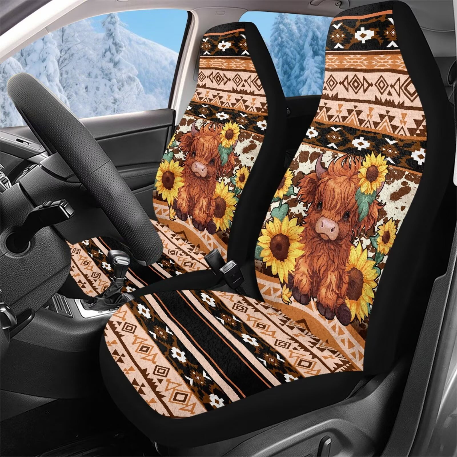 Garronmavis Aztec Highland Cow Fuzzy Car Seat Covers Full Set of 2 ...