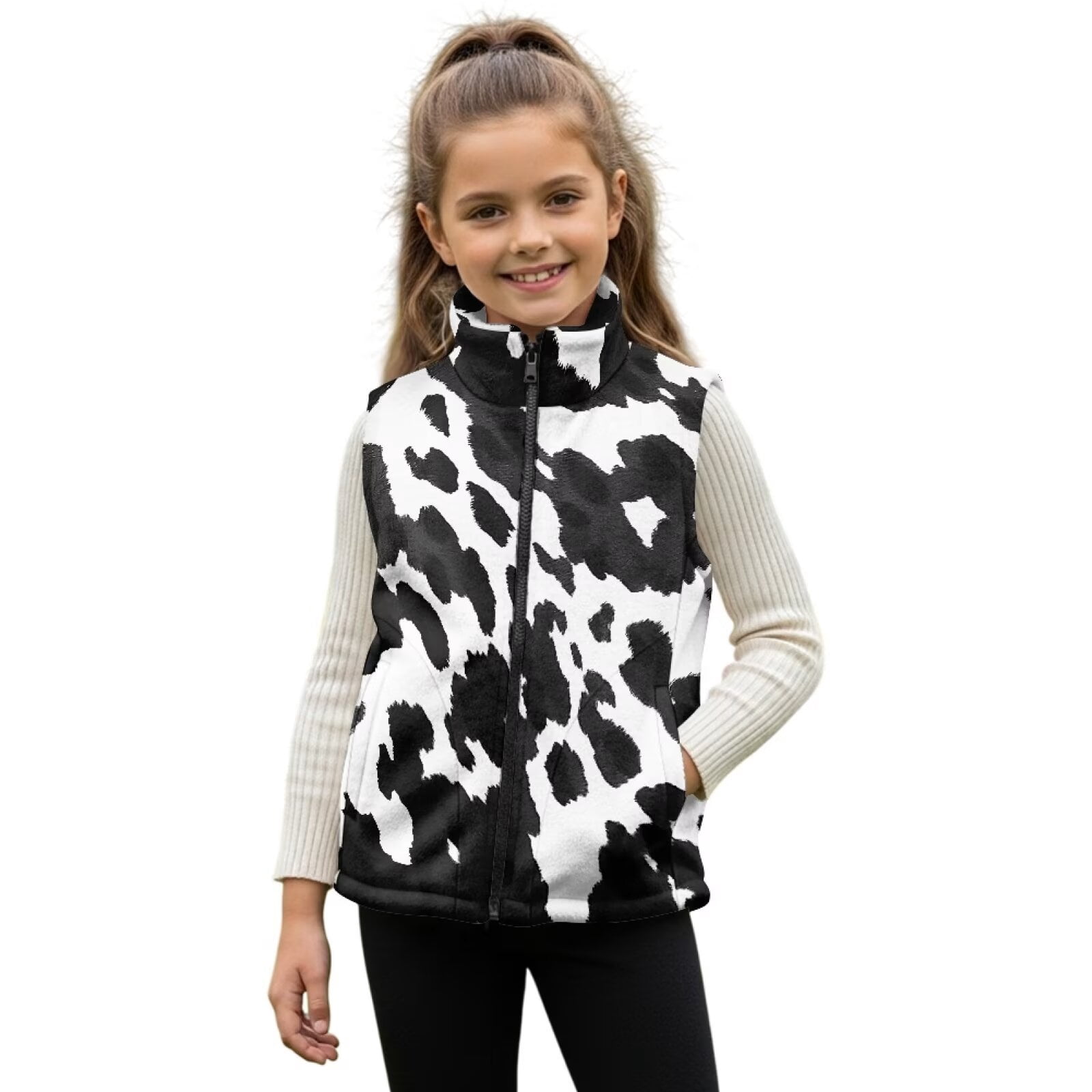 Garronmavis Black Cow Print Girls Outerwear Vest 7-8 Stand Collar ...