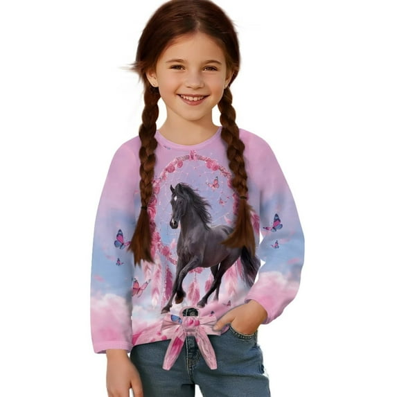 Garronmavis Black Horse Girls Long Sleeve T-Shirts 9-10 Loose Roses Kids Tie Front Long Sleeve ...