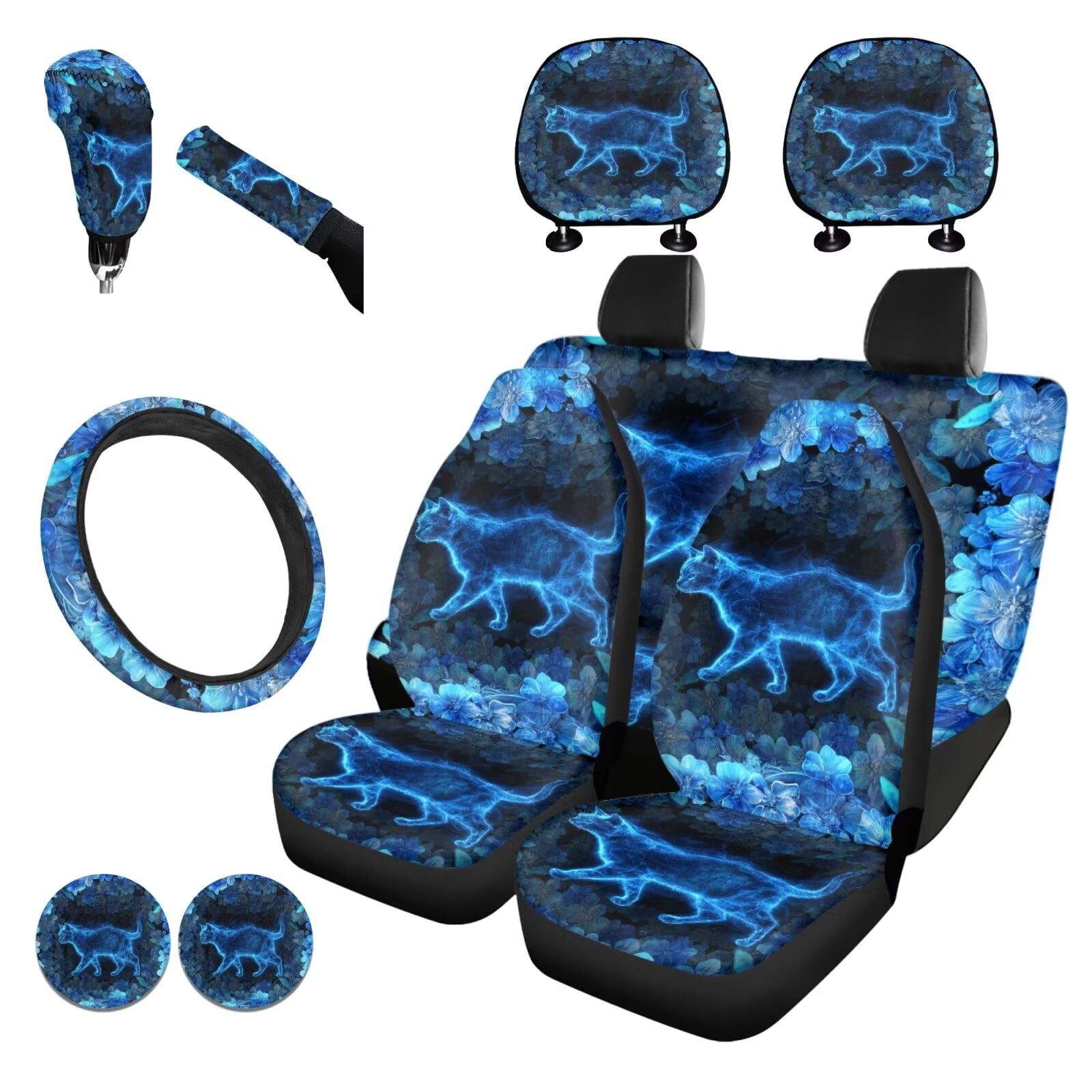 Garronmavis Blue Cat Flower Auto Seat Cover with Headrest Cover,Cup ...