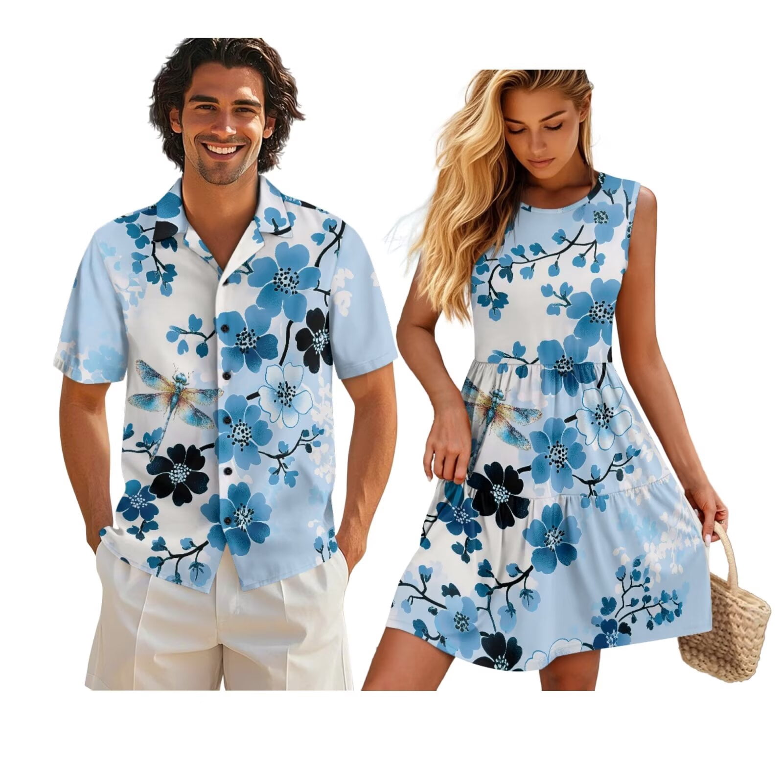 Garronmavis Blue Flower Couples' Outfits Button-Down Shirt for Men ...
