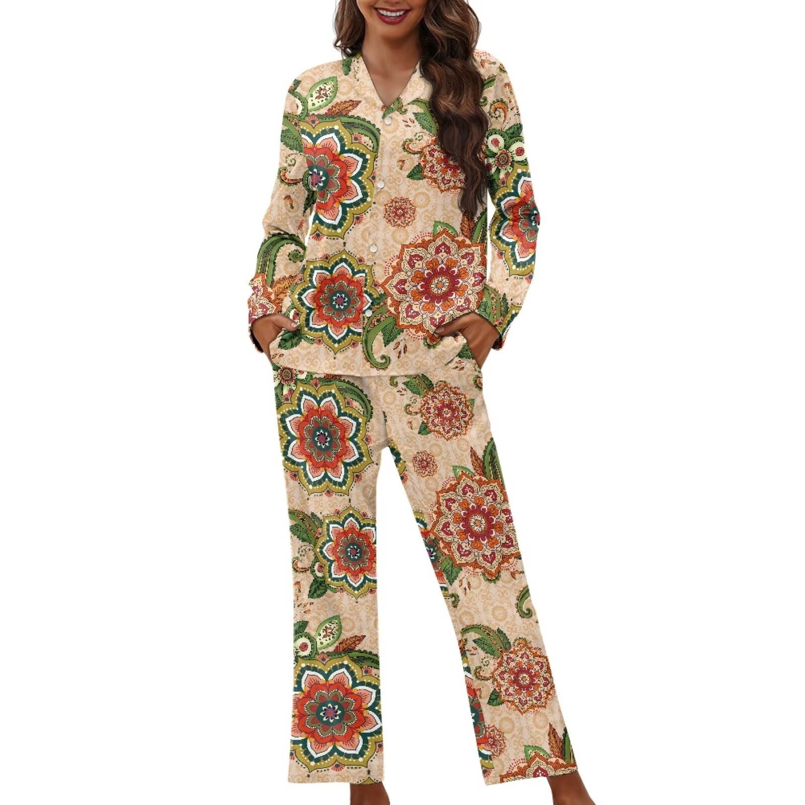 Garronmavis Boho Mandala Floral Pajamas Set Womens Button Down 2-Piece ...