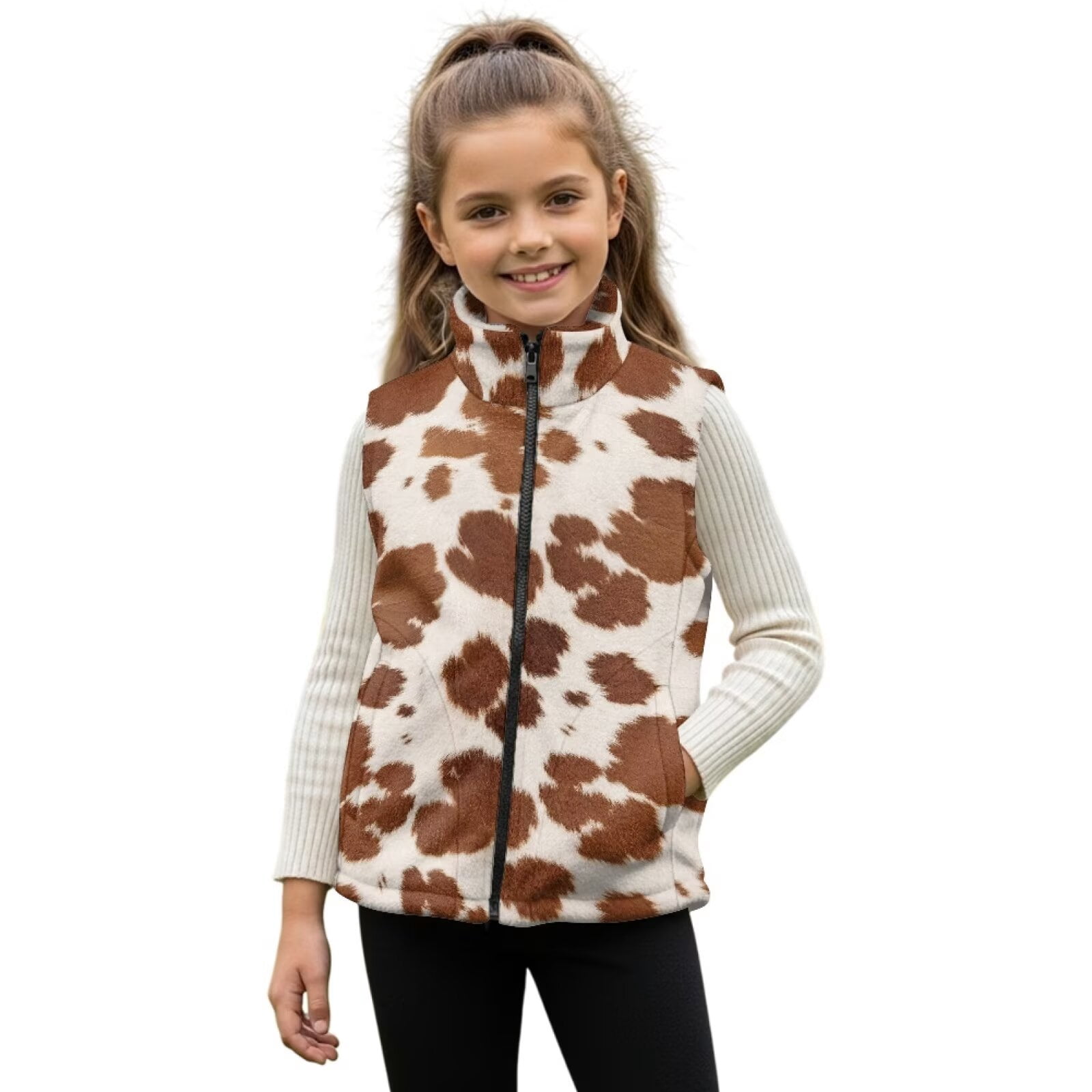 Garronmavis Brown Cow Print Full Zip Vest Stylish Girls Outerwear Vests ...