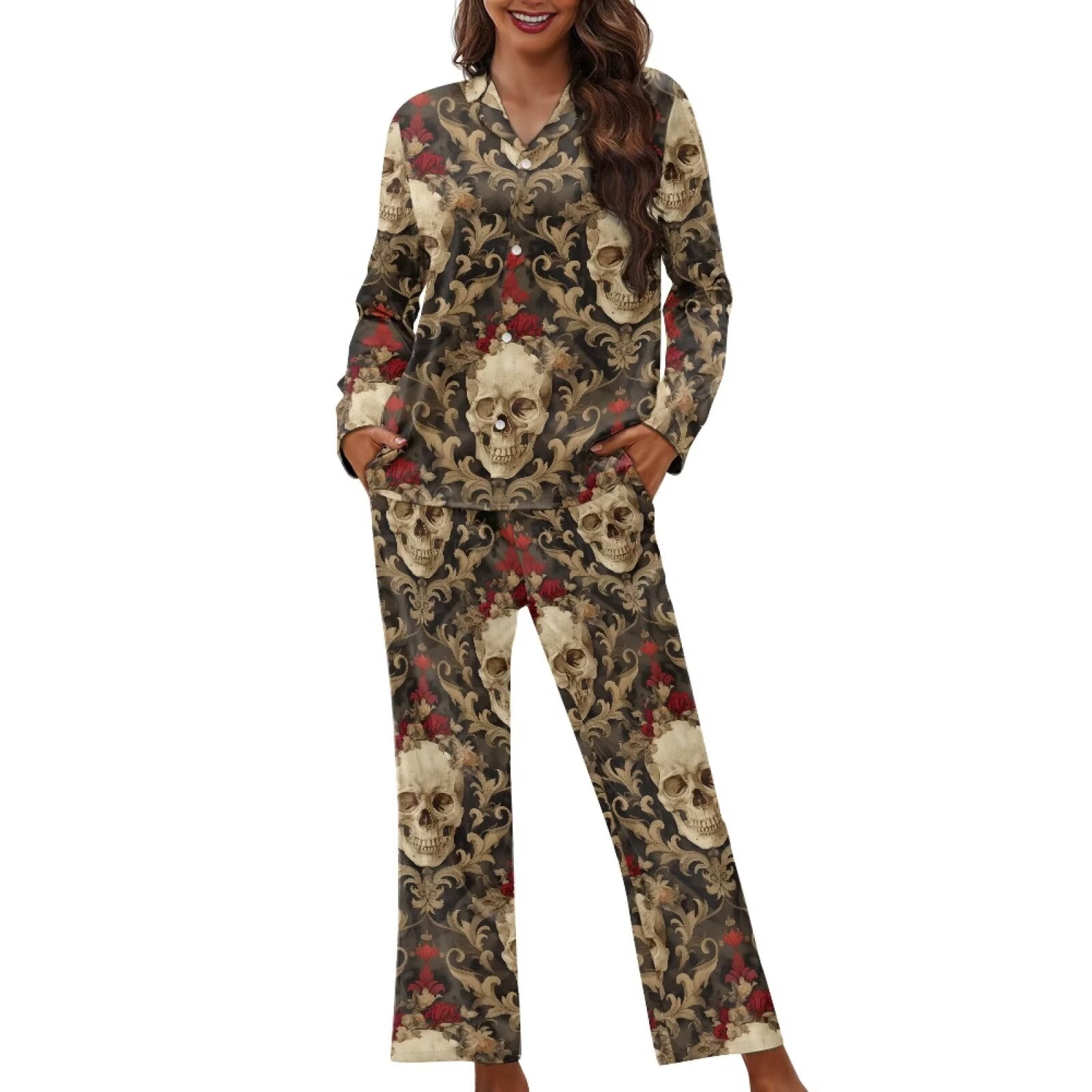 Garronmavis Brown Skull Halloween Pajama for Women Long Sleeve Button ...