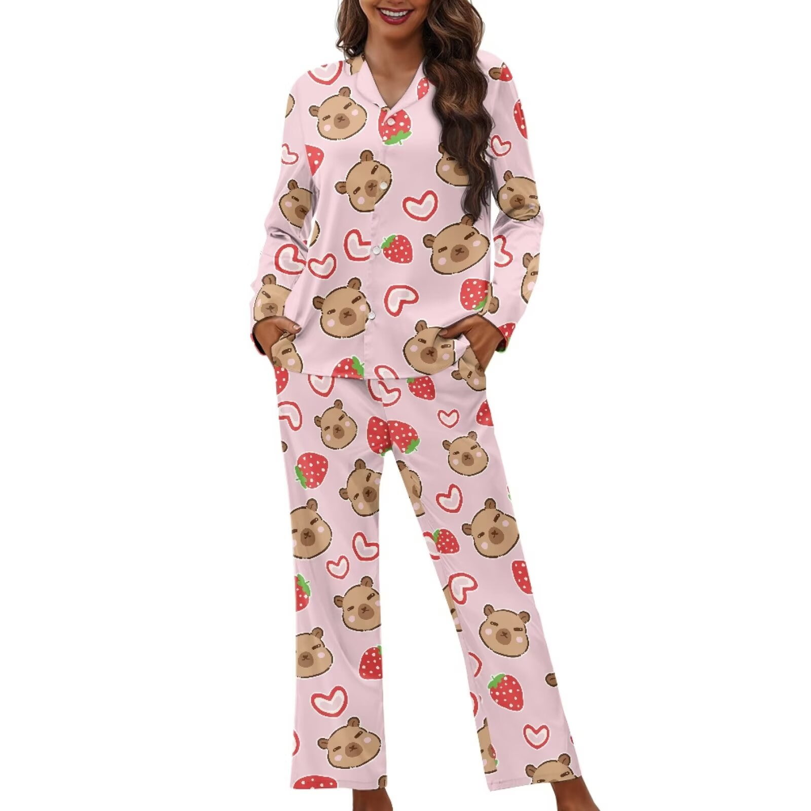Garronmavis Capybara Strawberry Cute Pajamas for Women Long Sleeve ...