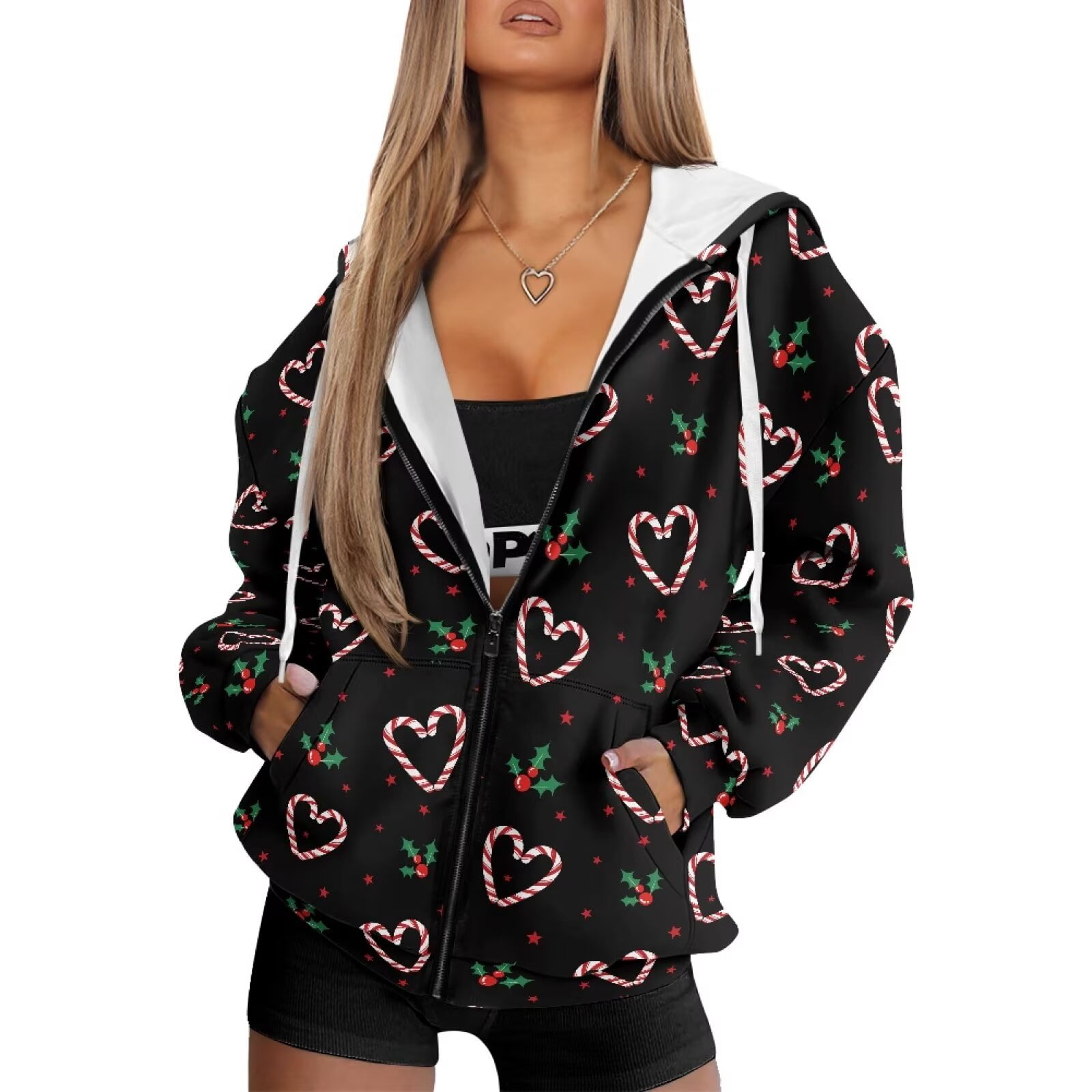 Garronmavis Christmas Candy Cane Women Full Zip Up Hoodies Trendy ...