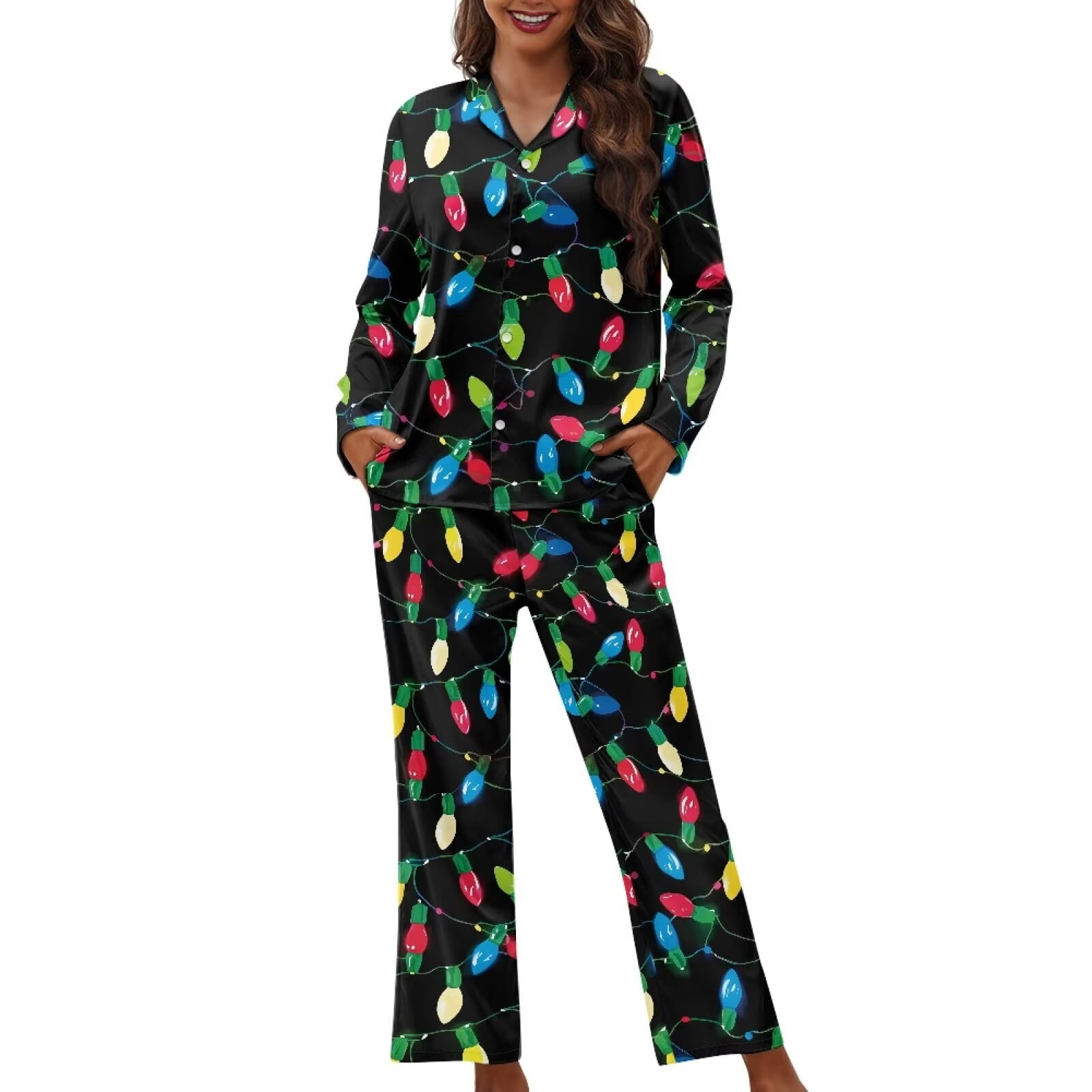 Garronmavis Christmas Lights Button Up Pajamas for Women, Soft Pajama ...