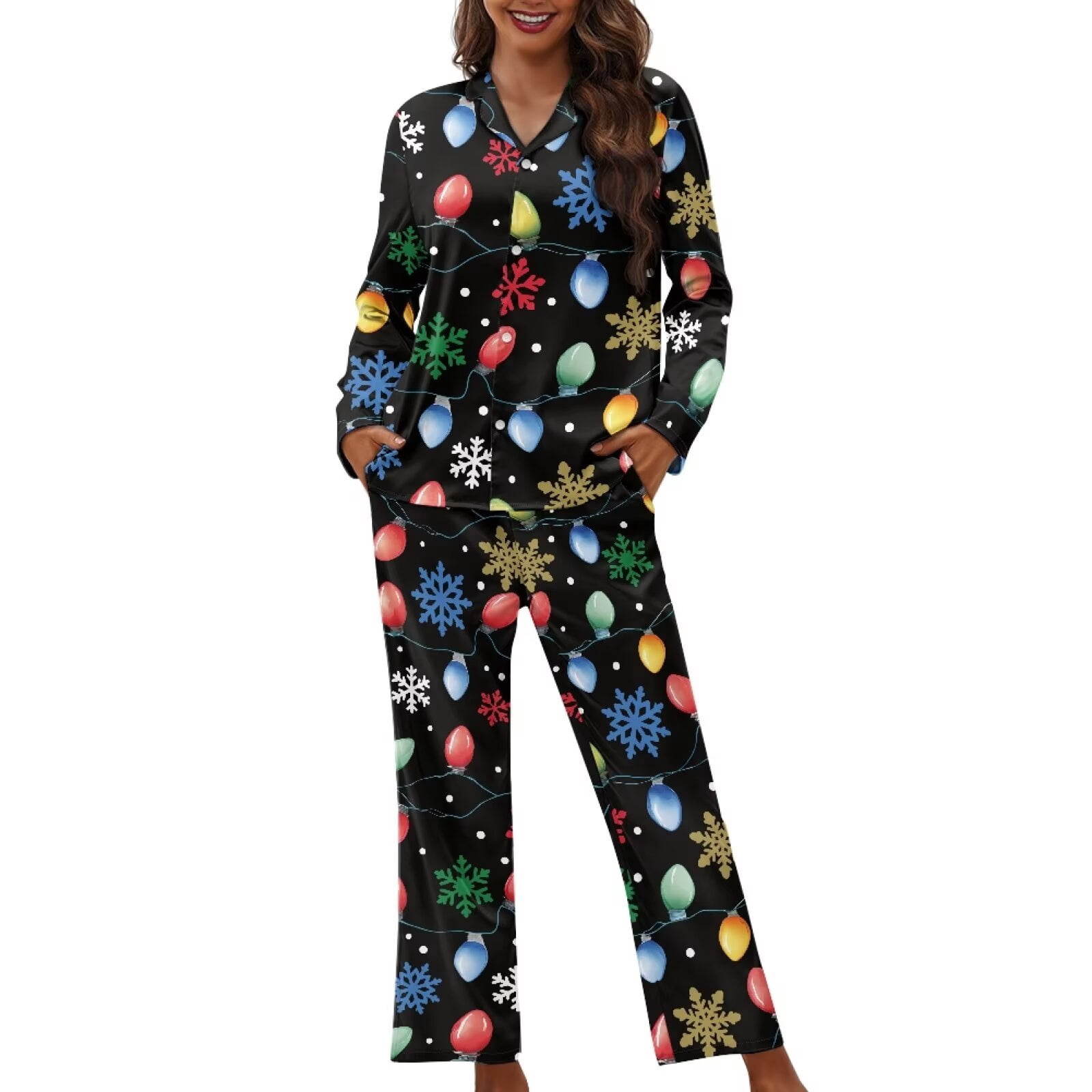 Garronmavis Christmas Lights Women 2 Piece Pajama Set Button Down Long ...