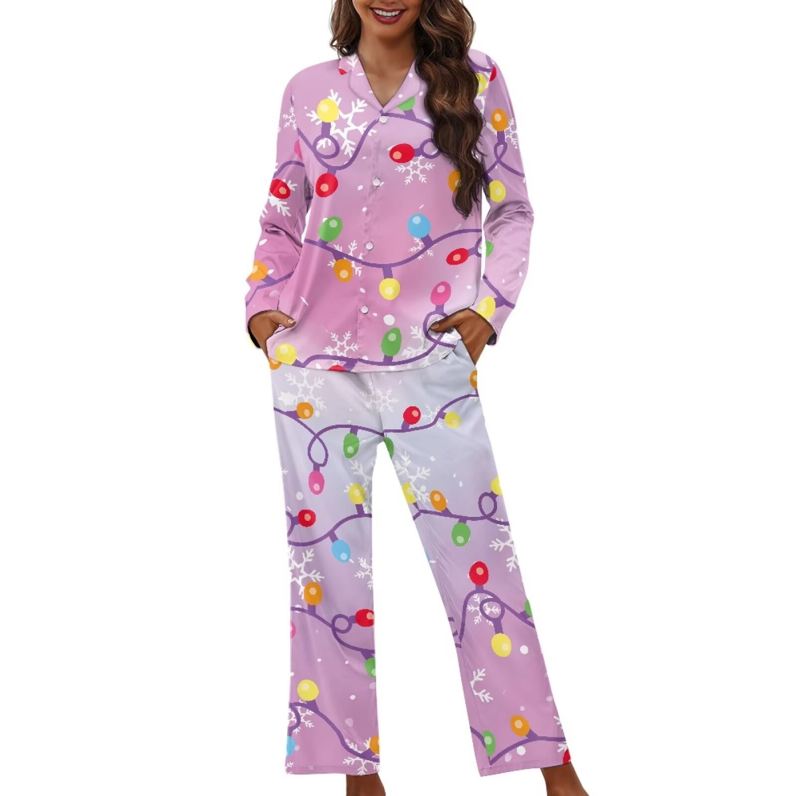 Garronmavis Christmas Lights Women's 2-Piece Pajama Set Long Sleeve ...
