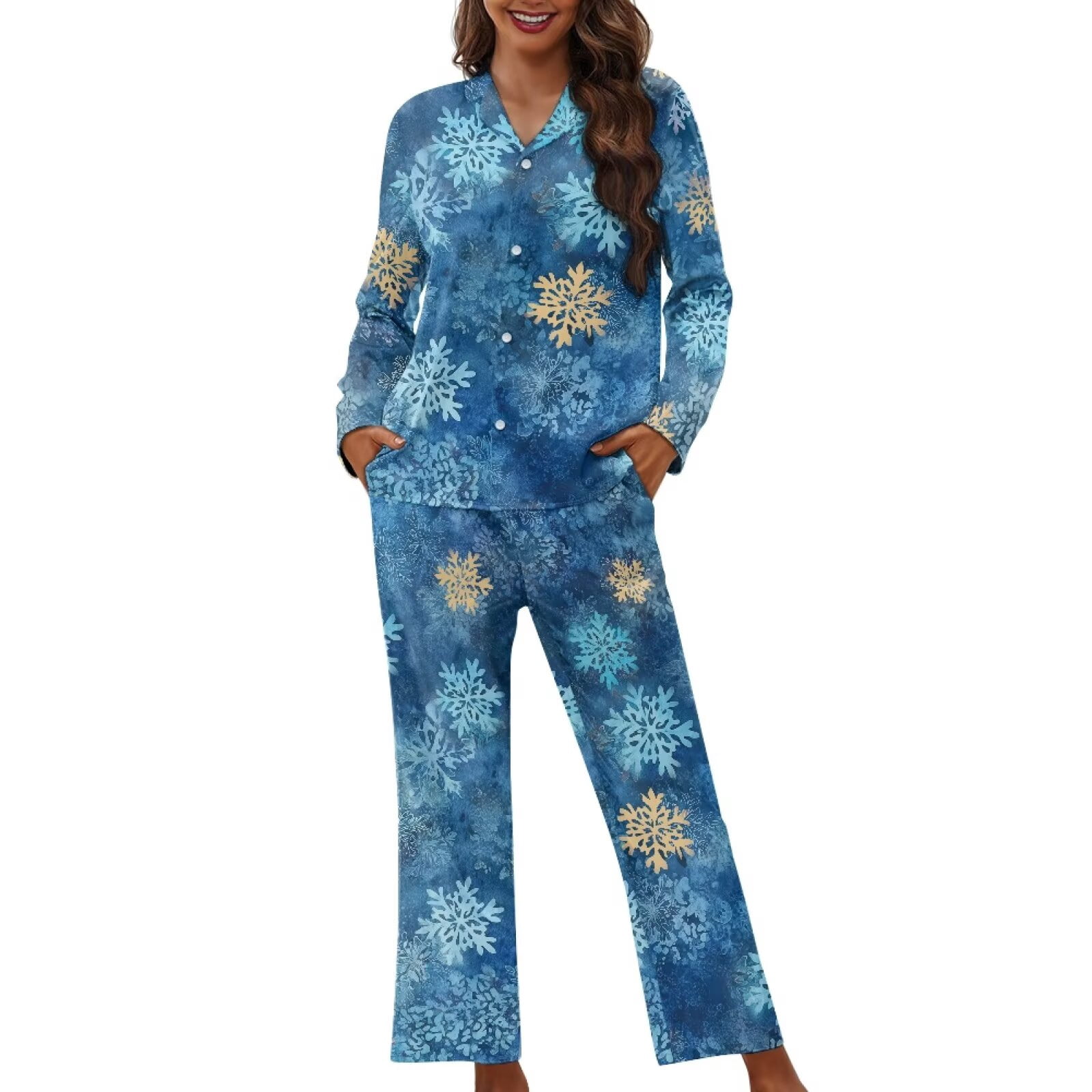 Garronmavis Christmas Snowflake Pajama Set for Women 2-Piece Button ...