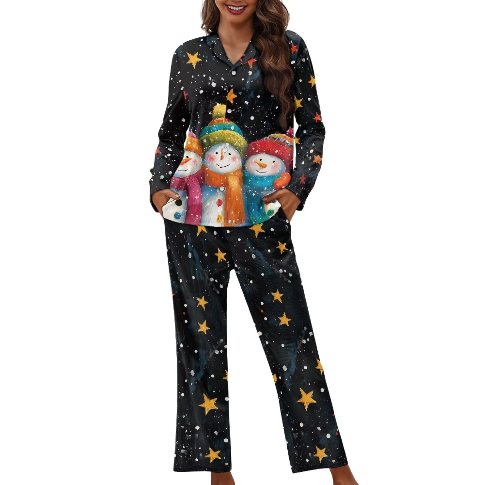 Garronmavis Christmas Snowman Button Up Pajamas for Women, Soft Pajama ...