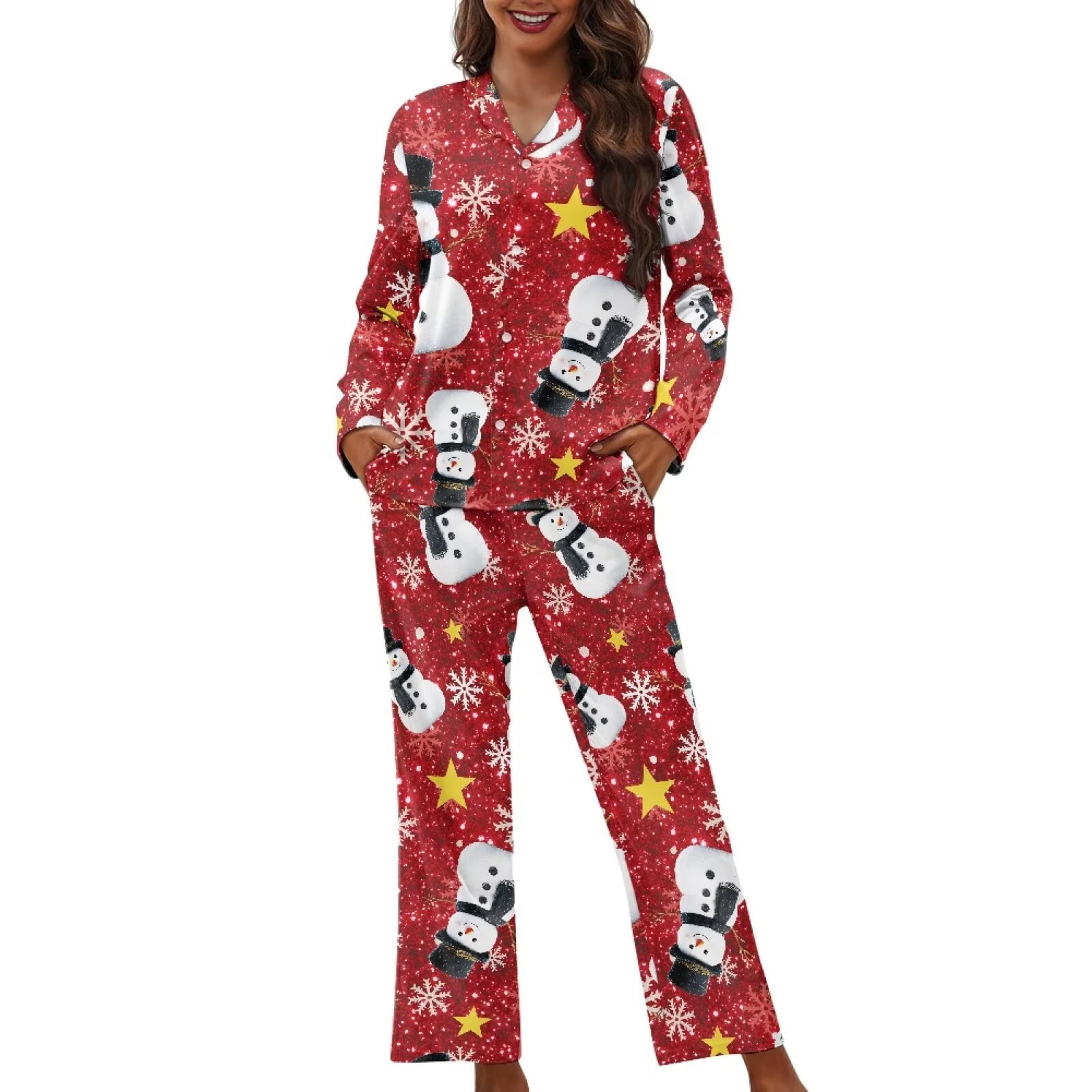 Garronmavis Christmas Snowman Pajama Set for Women Long Sleeve Button ...