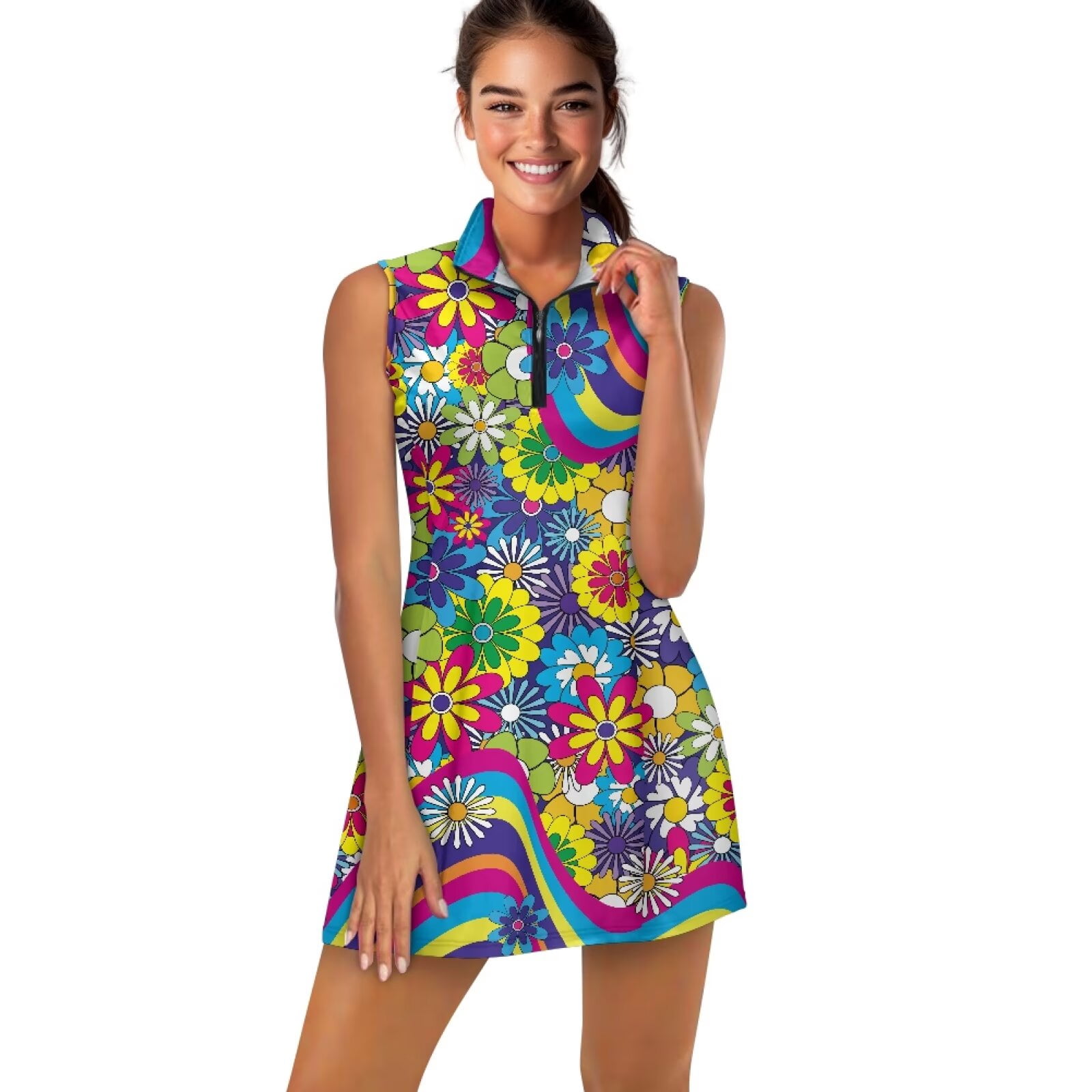Garronmavis Colorful Hippie Flower Golf Women Size L Collared Zipper ...