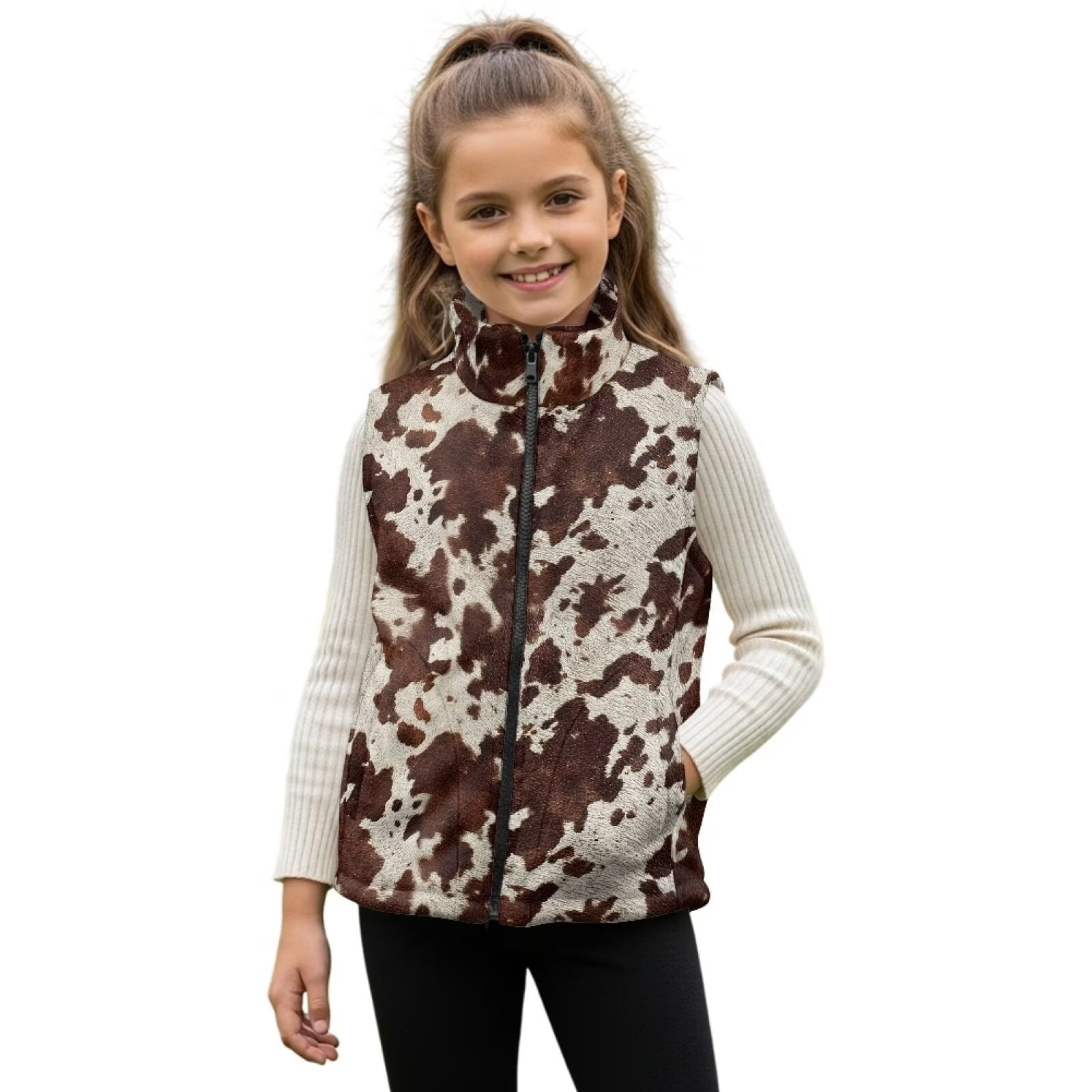 Garronmavis Cow Print Full Zip Vest Stand Collar Warm Lightweight ...
