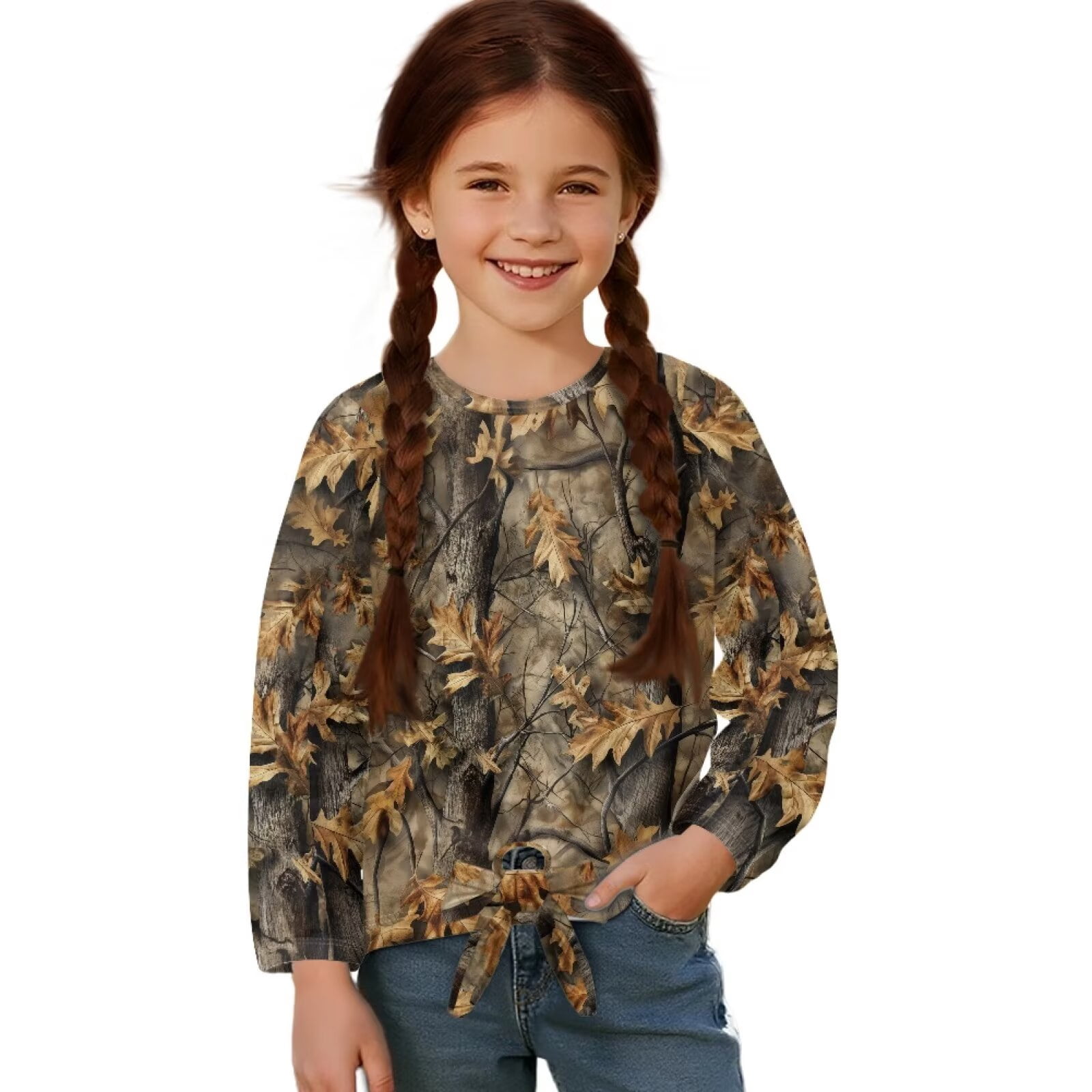 Garronmavis Cute Brown Camo Girls Long Sleeve T-Shirts 11-12 Loose ...