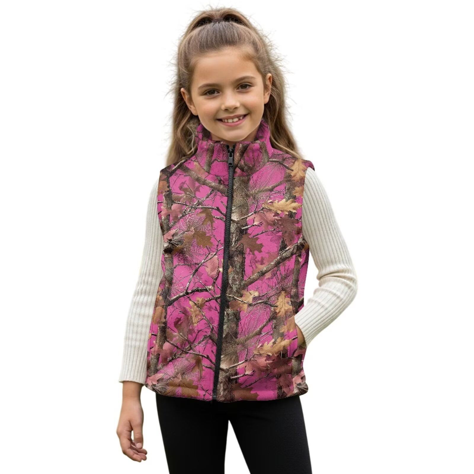 Garronmavis Cute Pink Camo Full Zip Vest Stand Collar Warm Lightweight ...