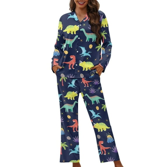 Garronmavis Dinosaur Printing Women 2 Piece Pajama Set Button Down Long ...