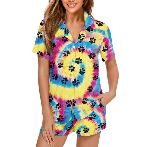 Garronmavis Dog Paws Tie Dye Women's Button-Down Short Sleeve Pajama ...