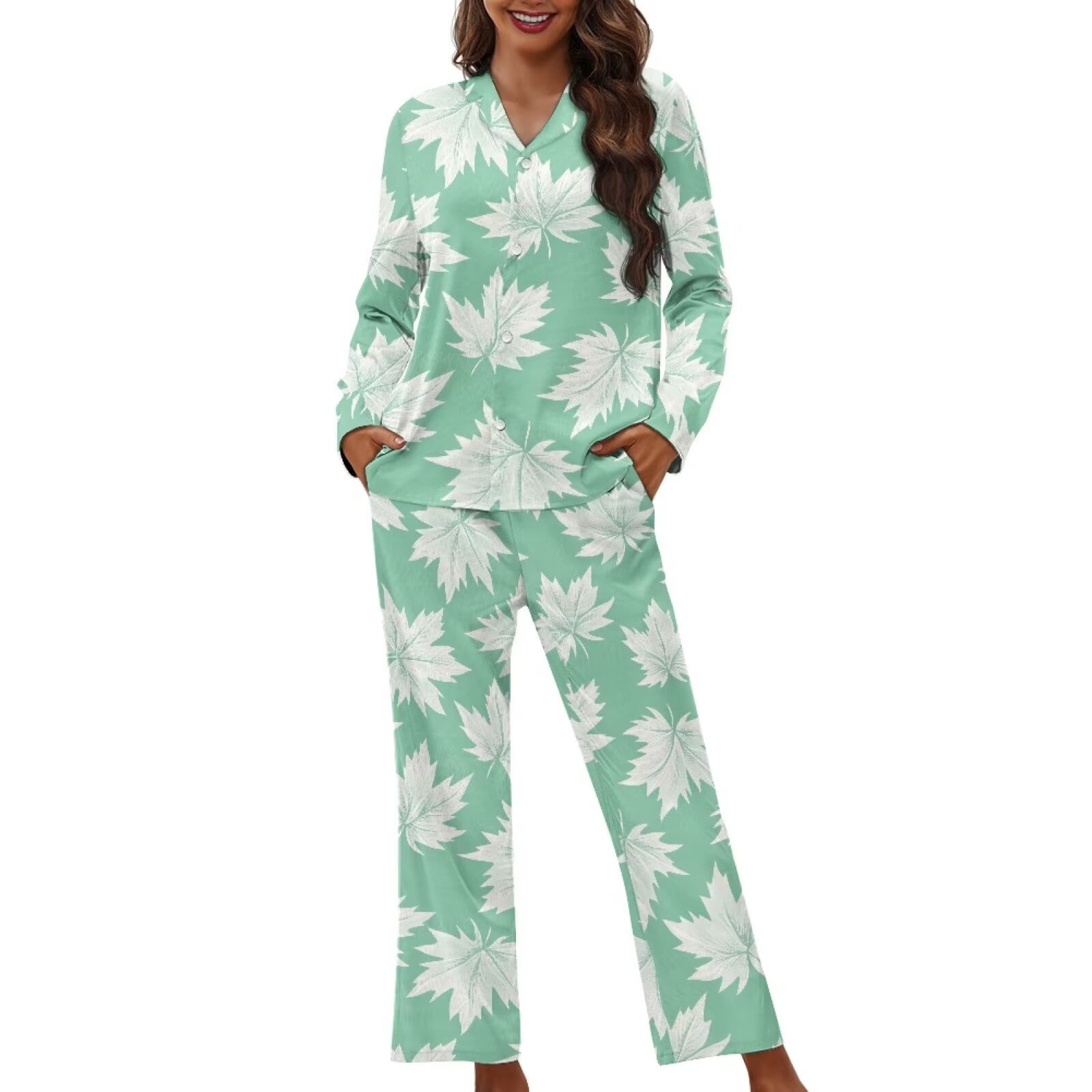 Garronmavis Fall Themed Pajamas Women Leaves Print Button Down Pjs for ...