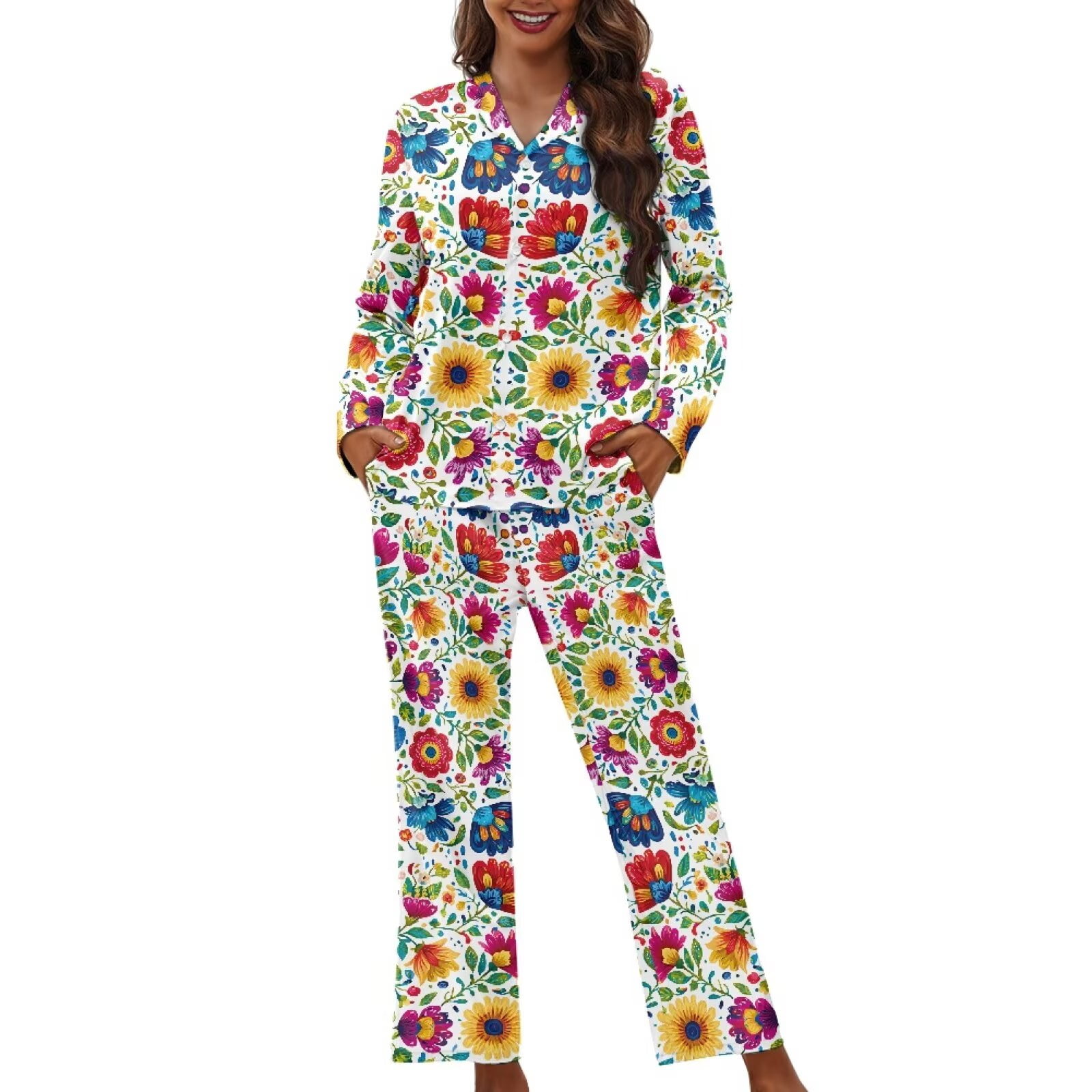 Garronmavis Flower Women 2 Piece Floral Pajama Set Button Down Long ...