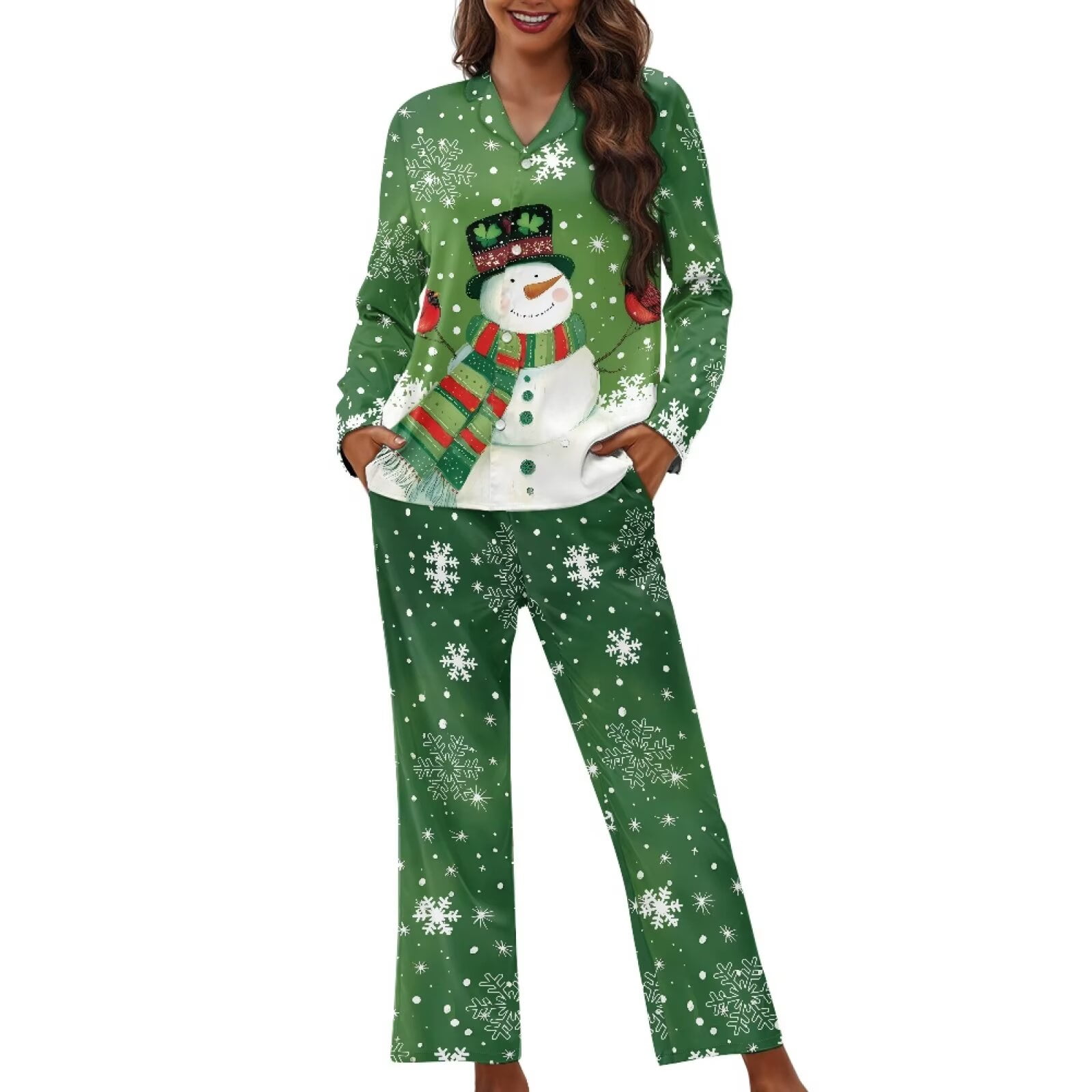 Garronmavis Green Christma Women's Pajama Sets Long Sleeve Button Down ...
