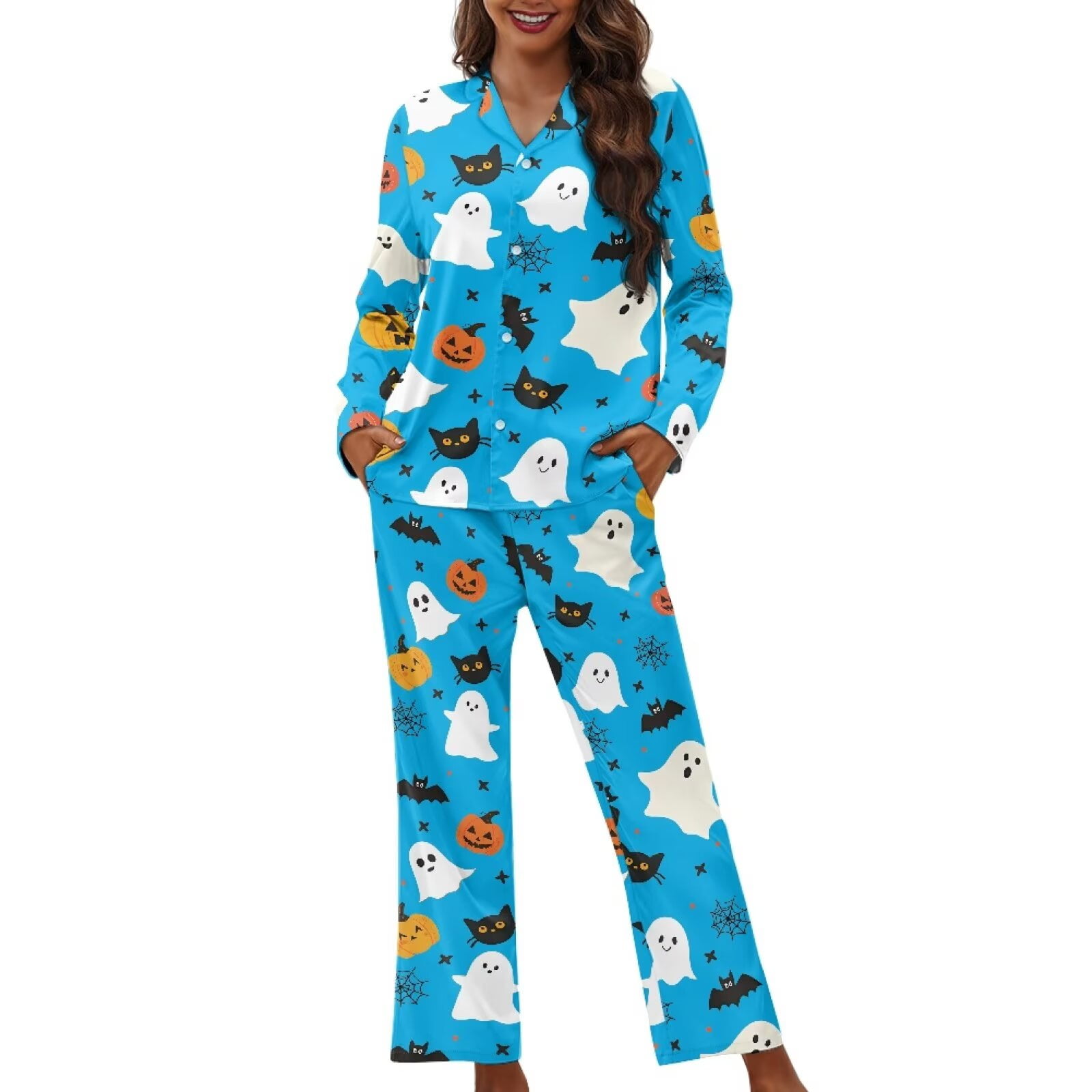 Garronmavis Halloween Ghost 2 Piece Pajama Set Long Sleeve Button-Down ...