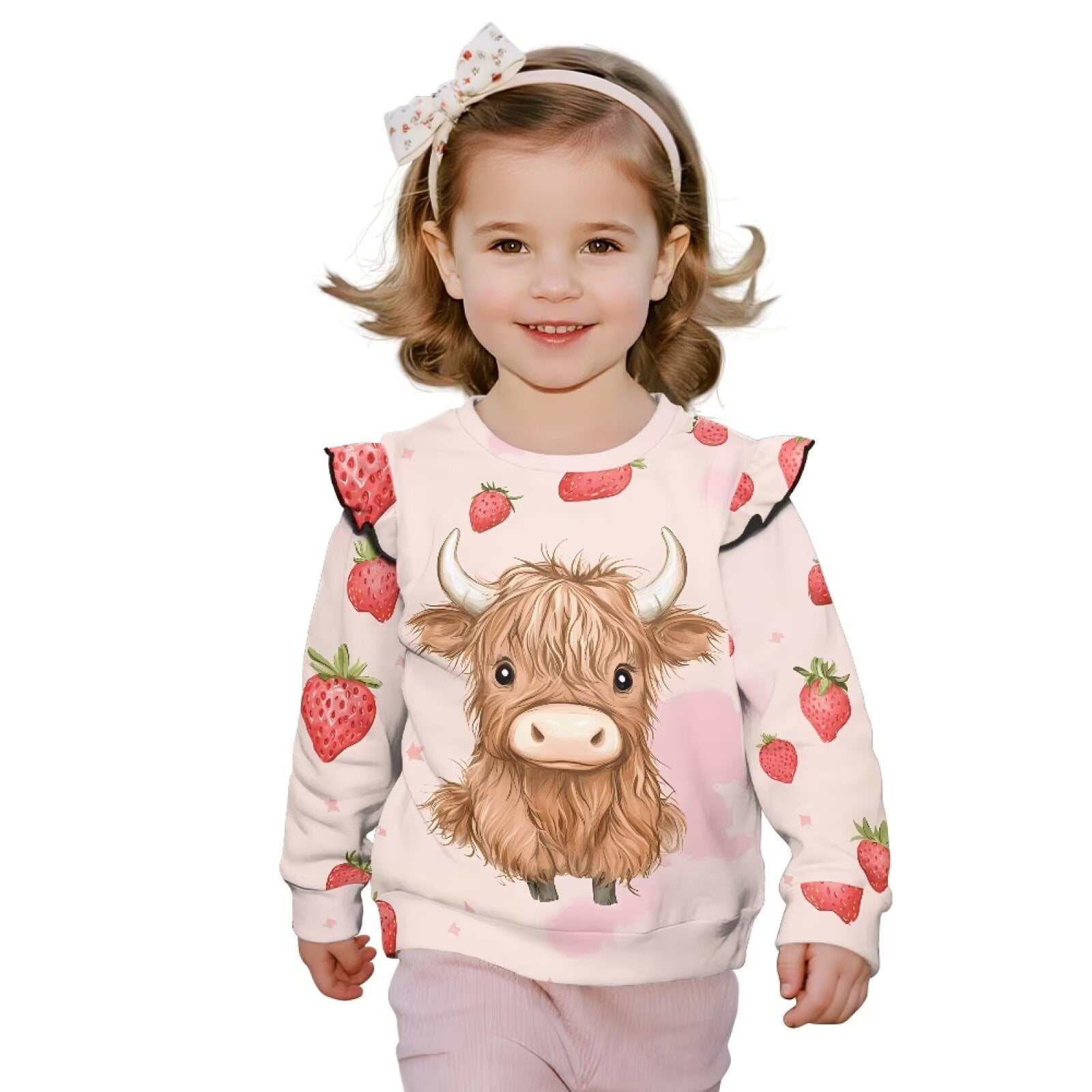Garronmavis Highland Cow Long Sleeve Pullover Versatile Strawberry Kids ...