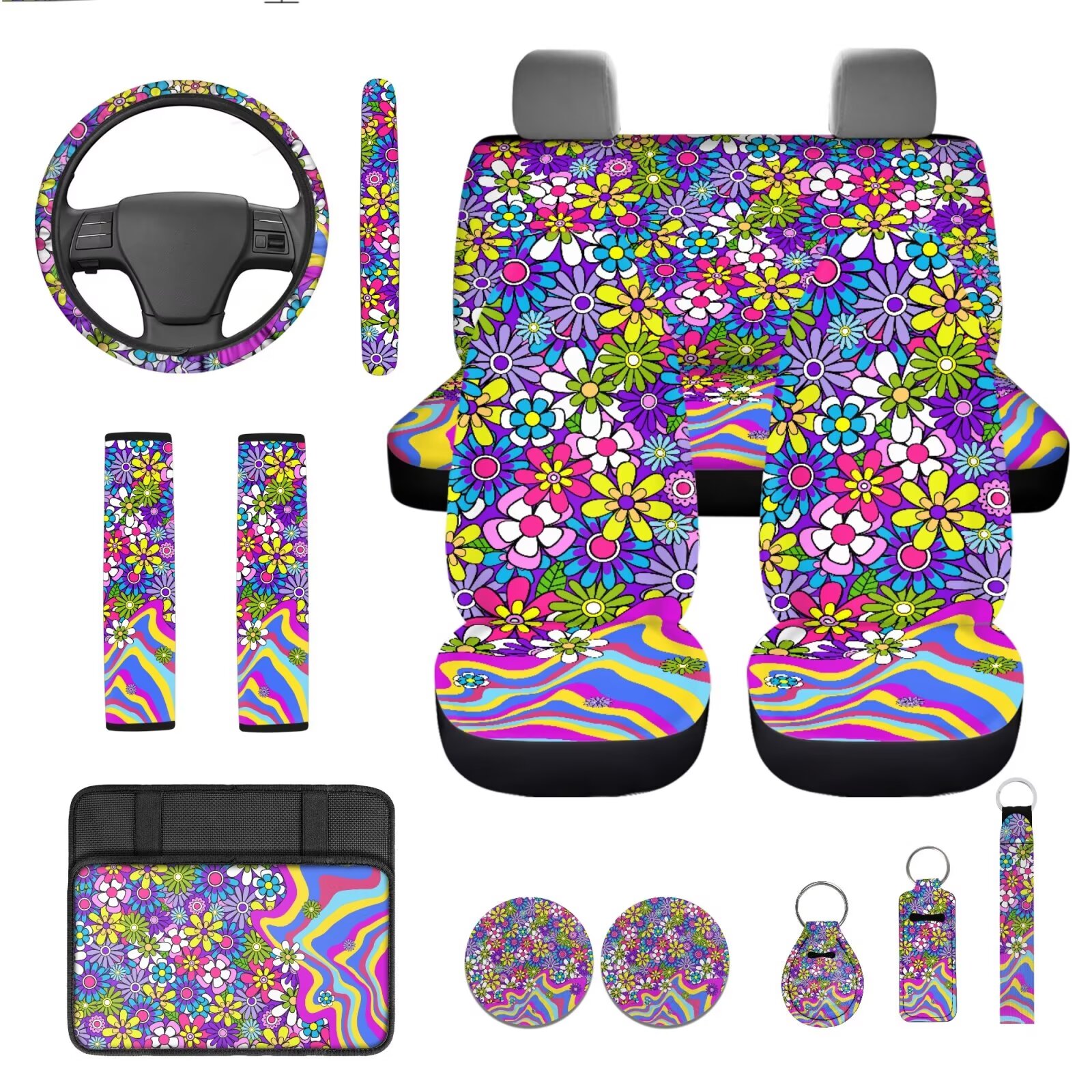 Garronmavis Hippie Flower Seat Covers for Car Full Set Colorful Swirl ...