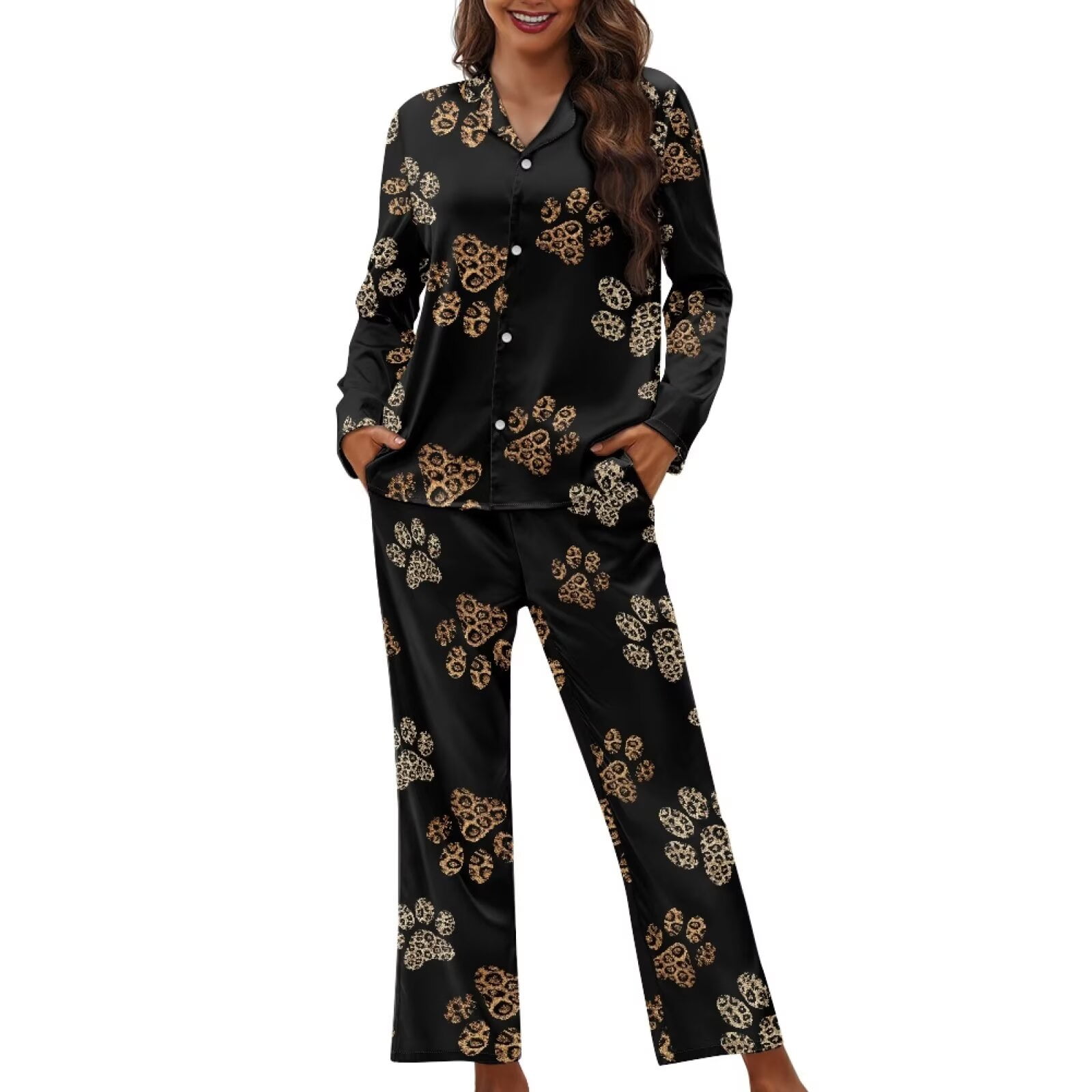 Garronmavis Leopard Dog Paws Women's Pajama Set Long Sleeve Button Down ...