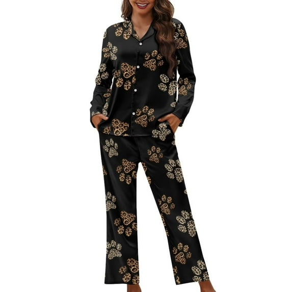 Garronmavis Leopard Dog Paws Women's Pajama Set Long Sleeve Button Down ...