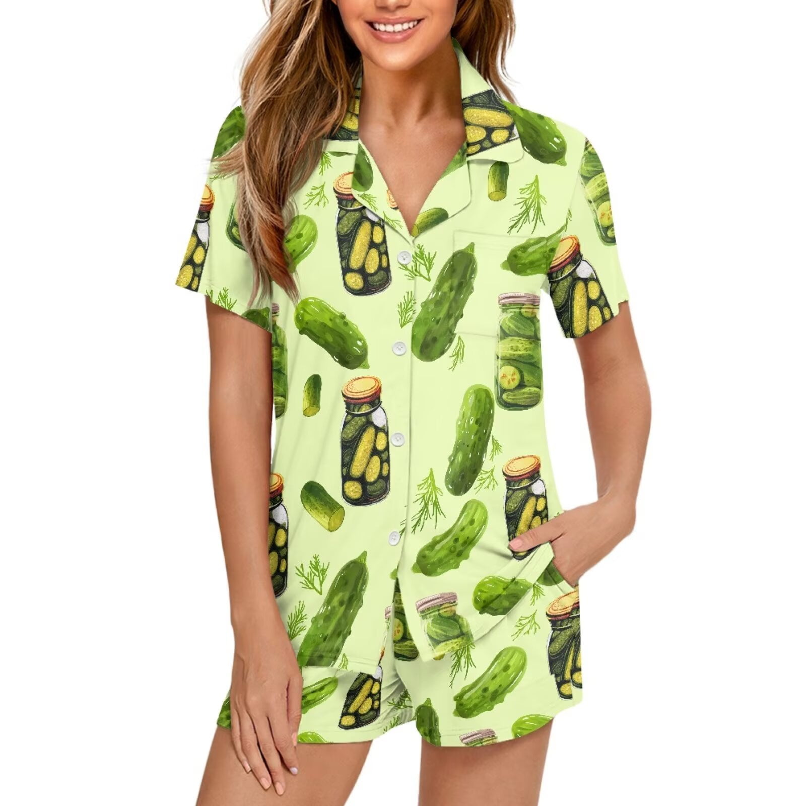 Garronmavis Pickled Cucumber Womens Pajama Set Set Short Sleeve Notch ...