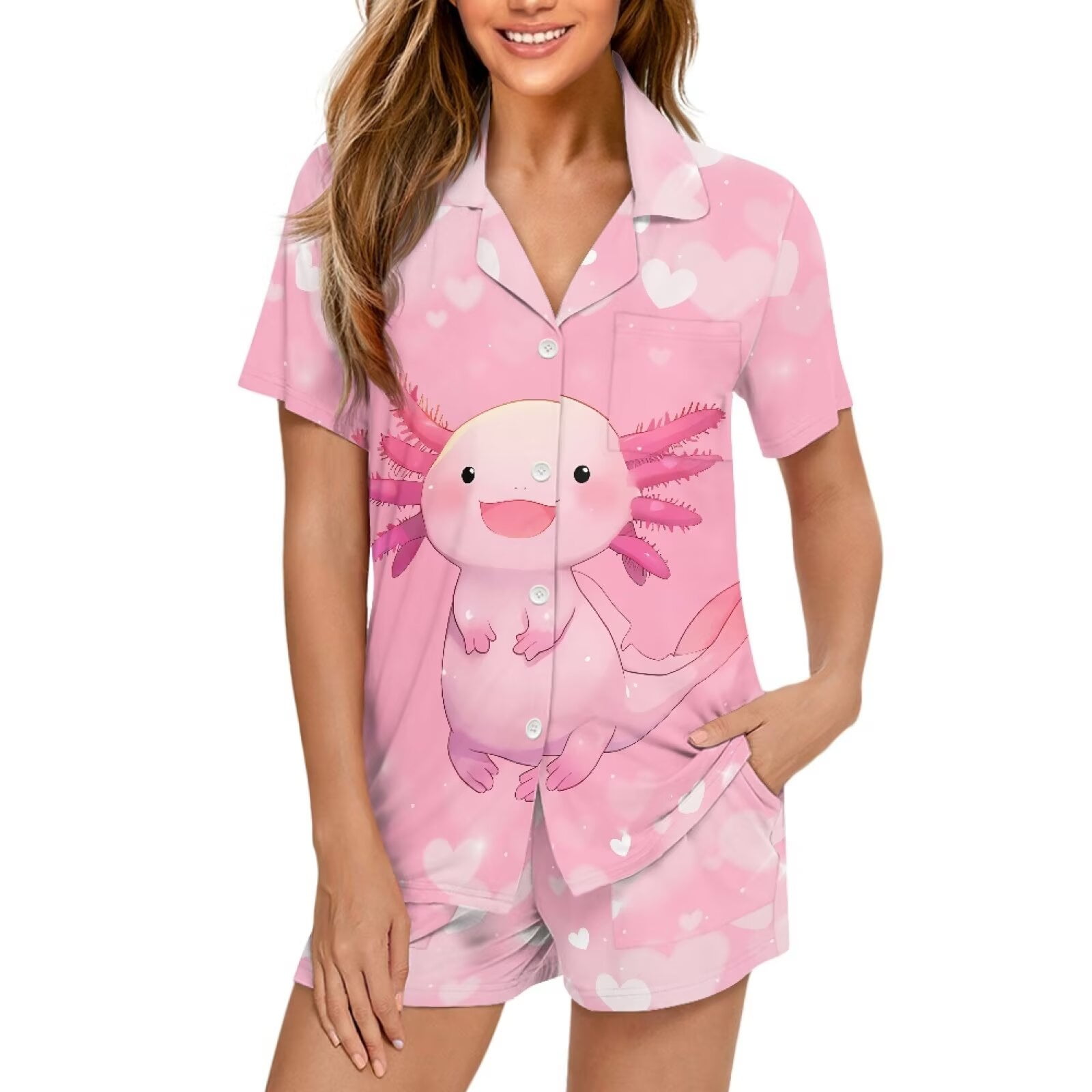 Garronmavis Pink Axolotl Women's Cozy 2-Piece Pajama Set Short Sleeve ...