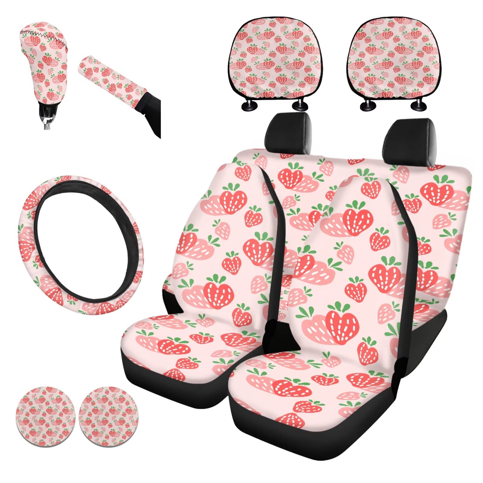Garronmavis Pink Strawberry Car Seat Cover Set Pack 11 Pcs for Steering ...