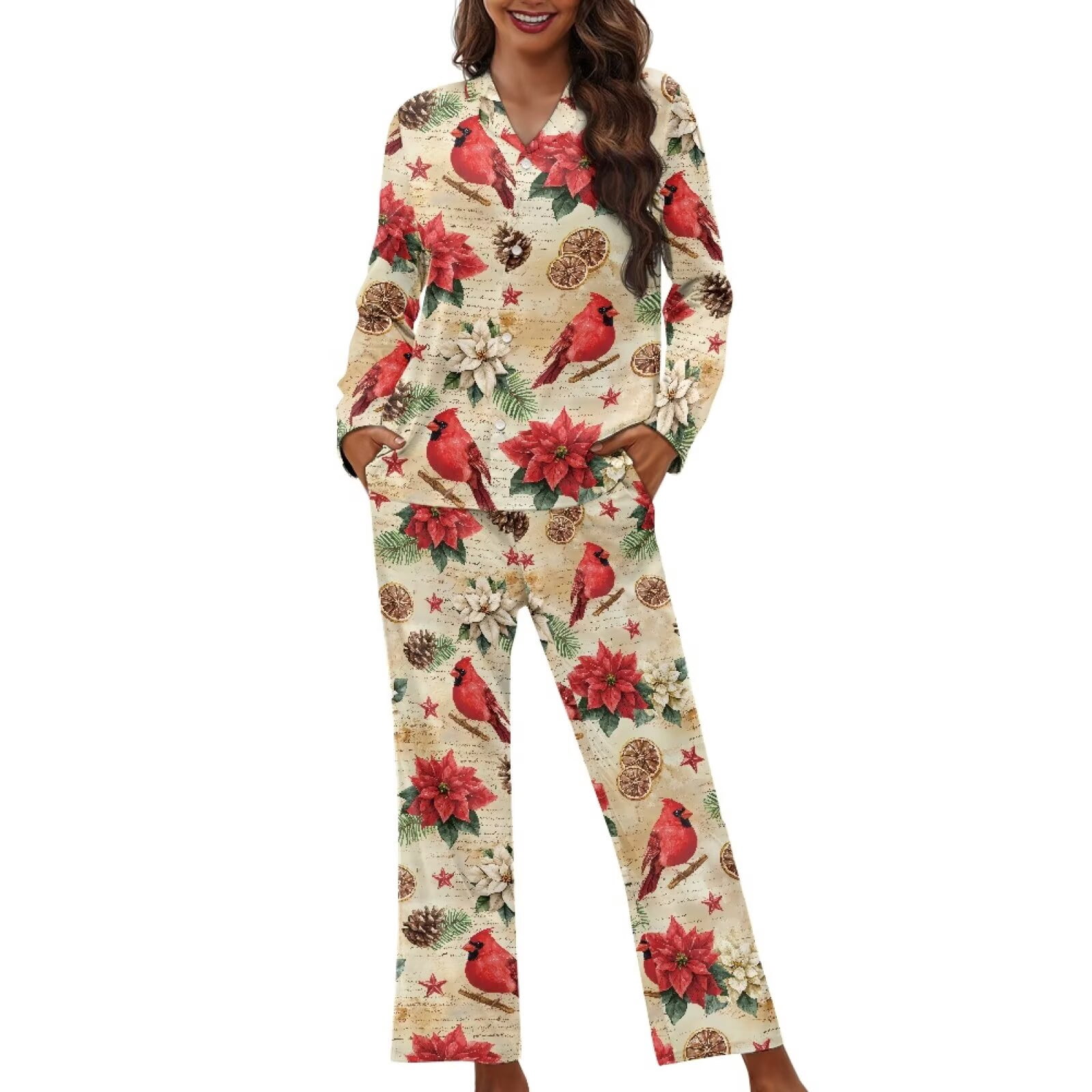 Garronmavis Poinsettia Bird Womens Pajama Sets 2 Piece Pjs Long-Sleeved ...