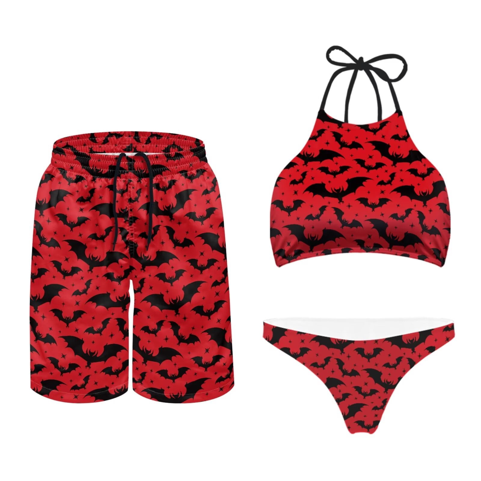 Garronmavis Red Bats His and Hers Couple Swimsuits Matching Set Men's ...