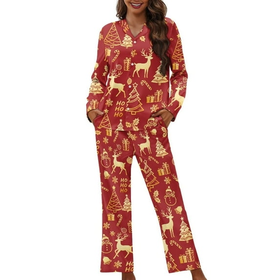 Garronmavis Red Christmas 2 Piece Womens Pajama Sets Long Sleeve Button ...