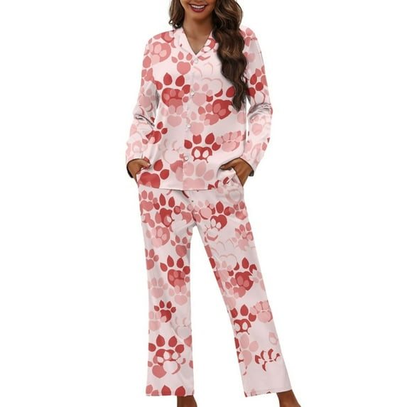 Garronmavis Red Paws Print Women's Pajama Set Long Sleeve Button-Up ...