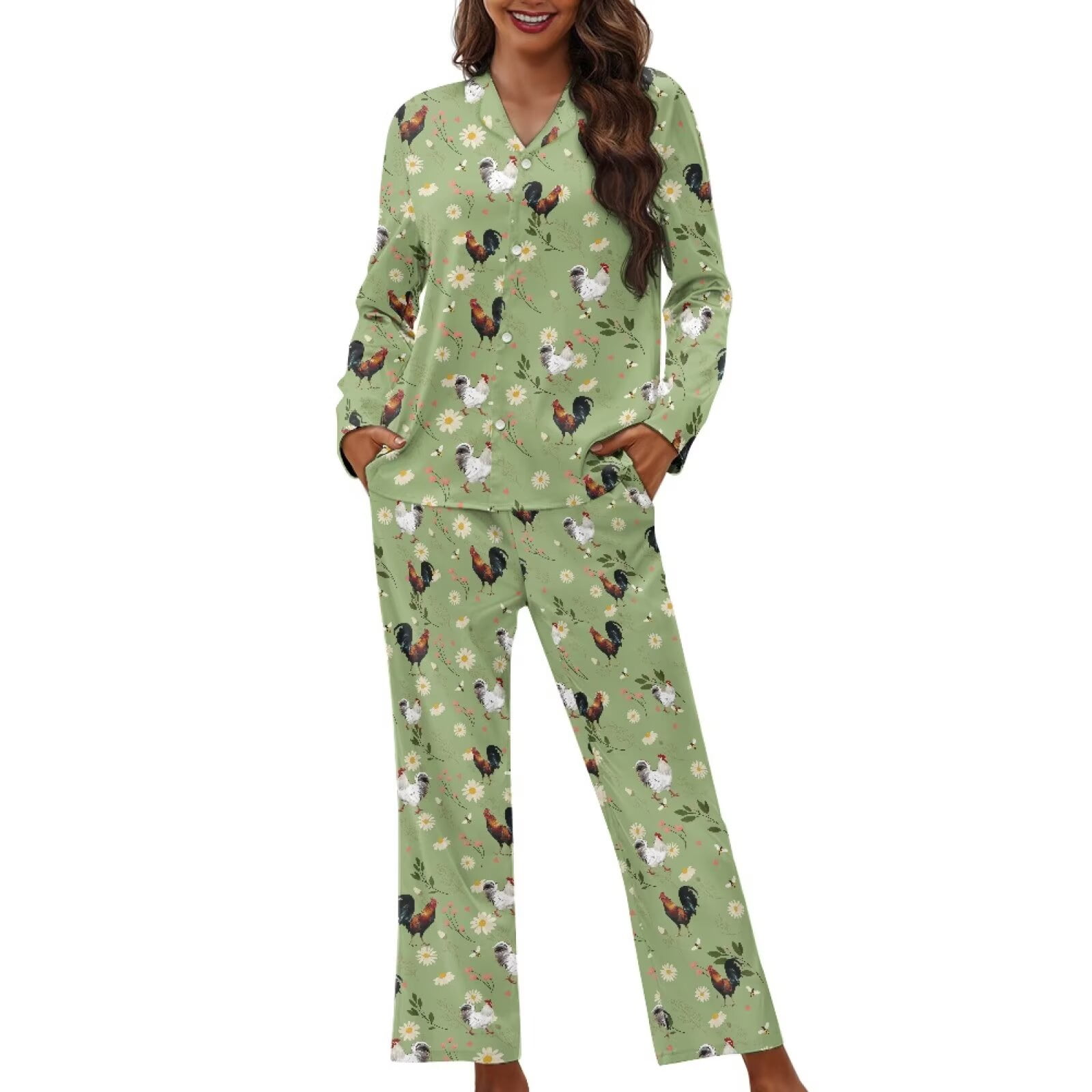 Garronmavis Rooster Chicken Womens Pajama Sets 2 Piece Pjs Long-Sleeved ...