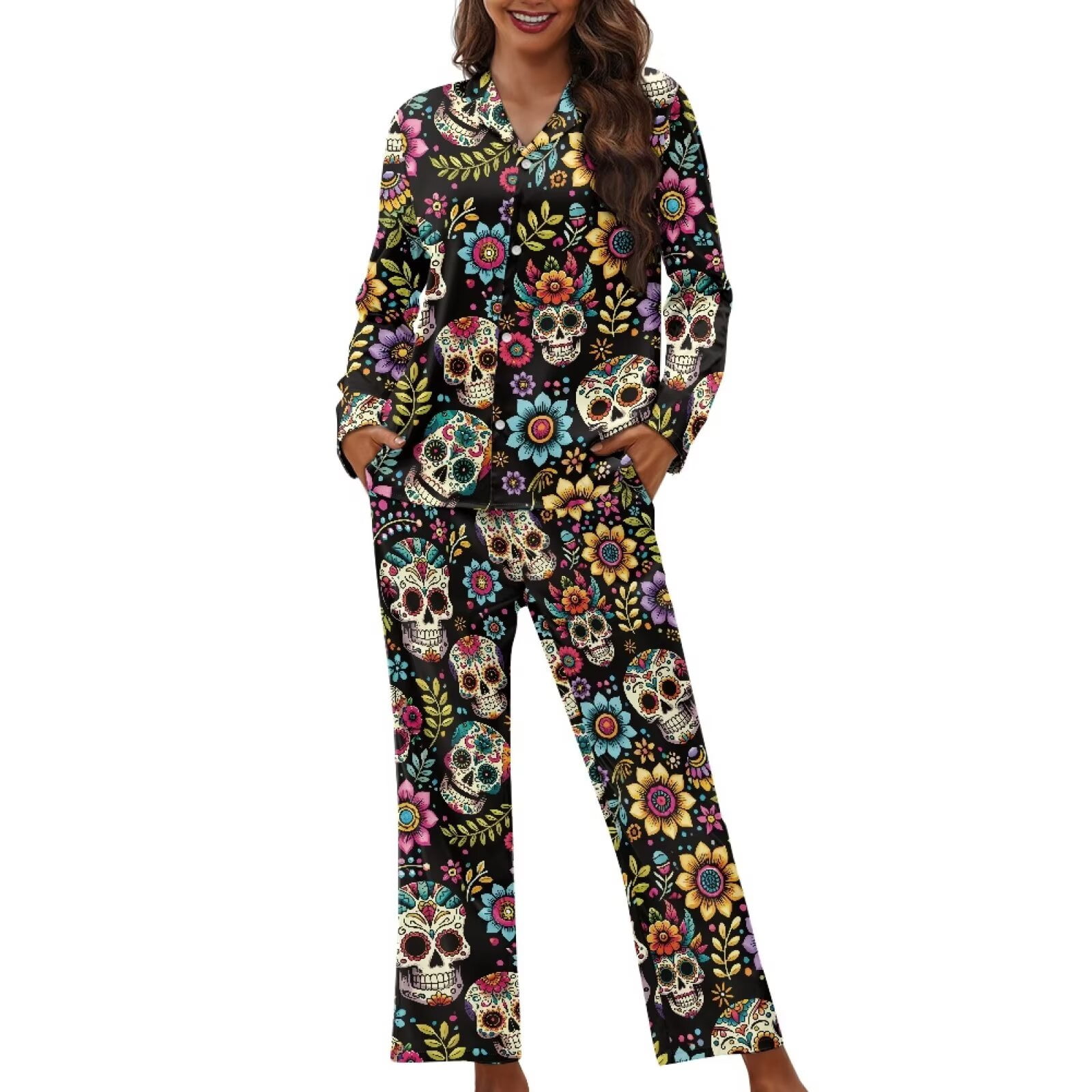 Garronmavis Sugar Skull Flowers Womens Long Sleeve Pajama Set 2 Piece ...