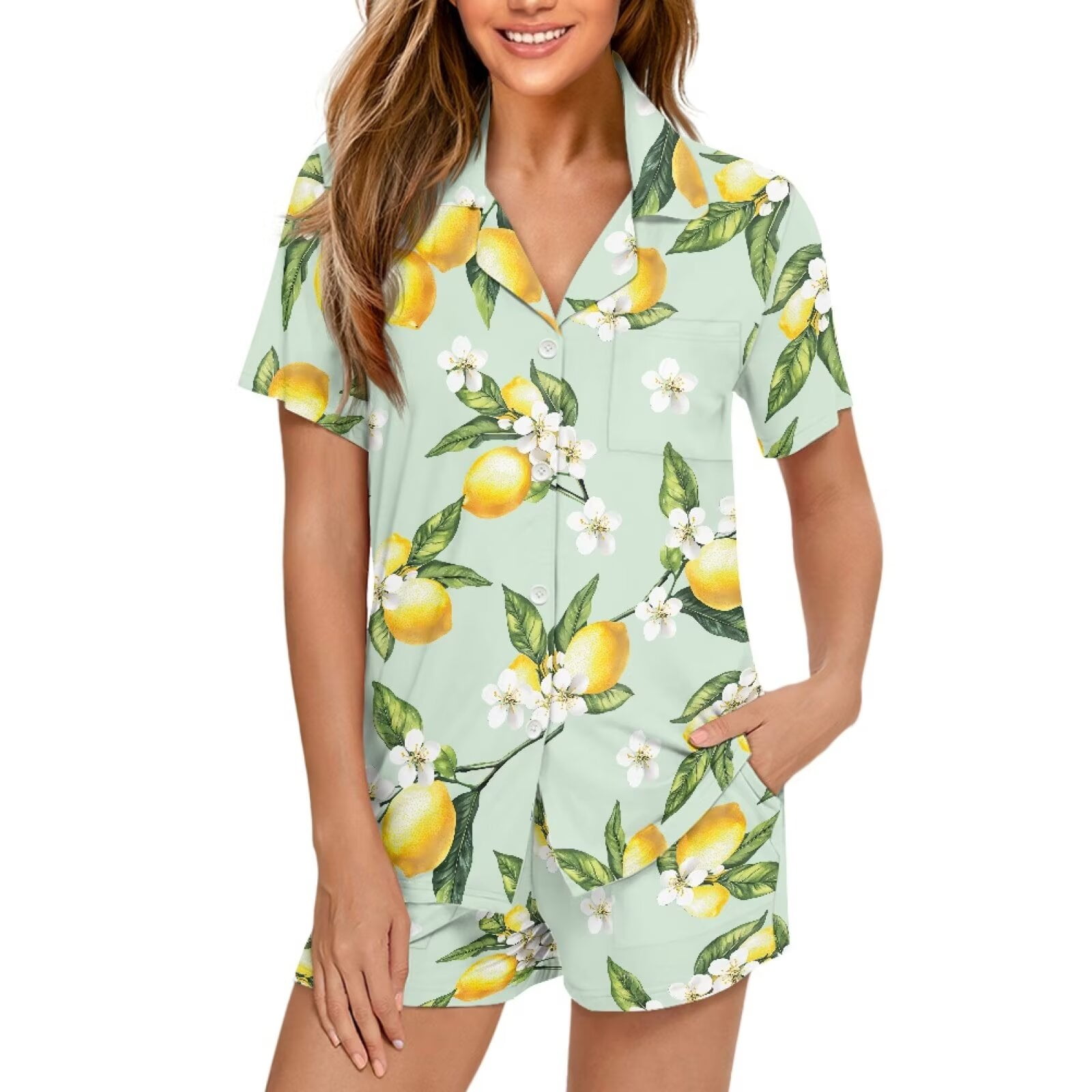 Garronmavis Summer Lemon Women's Sleepwear Button Down 2 Piece Pjs ...