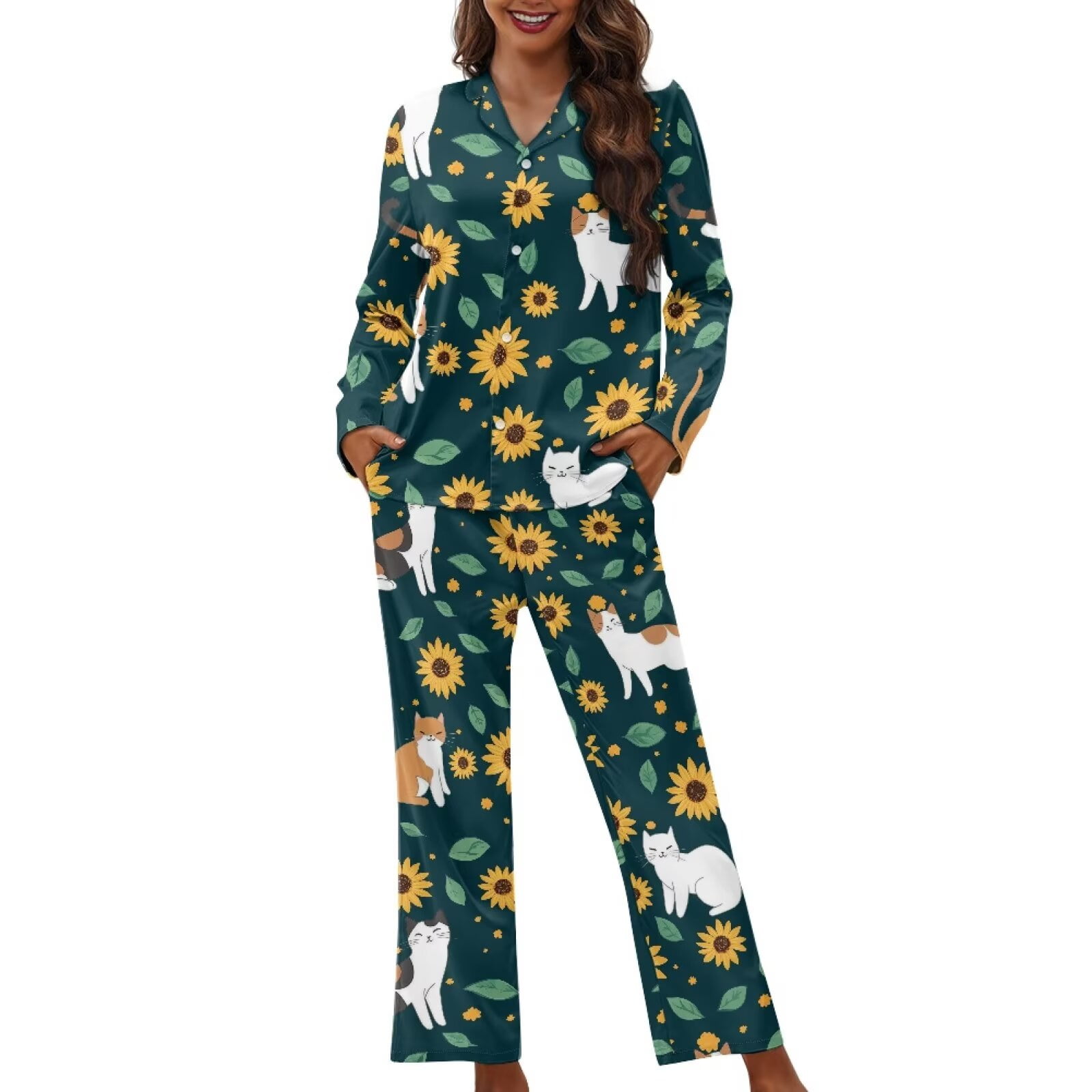 Garronmavis Sunflower Cat Pajamas Set for Women Green Button Down Long ...
