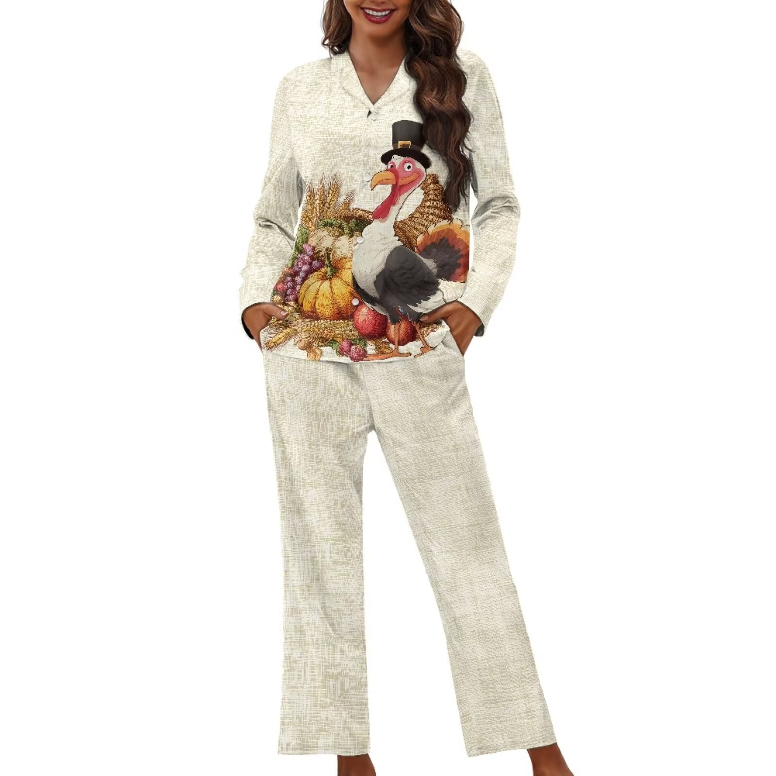 Garronmavis Thanksgiving Turkey Pajama Sets for Women Button Down Long ...